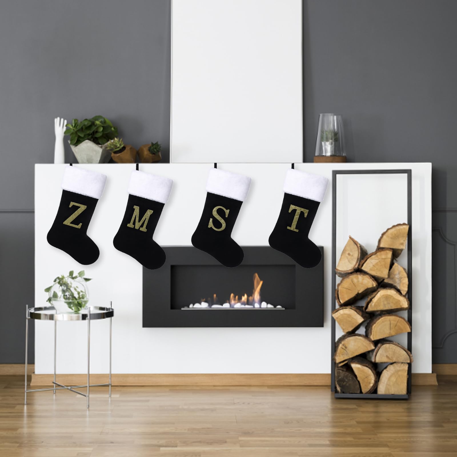 Yehnois 20 Inches Initial Monogram Christmas Stocking Personalized,Deluxe Black Velvet Body with Super Soft Plush Cuff Embroidered Letter,Holiday Season Decor(E)
