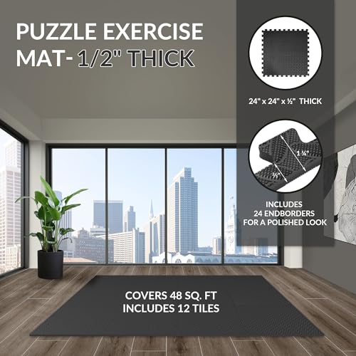 Signature Fitness Puzzle Exercise Mat with EVA Foam Interlocking Tiles, Black, 1/2β Thick, 12 Tiles, 48 Sq Ft