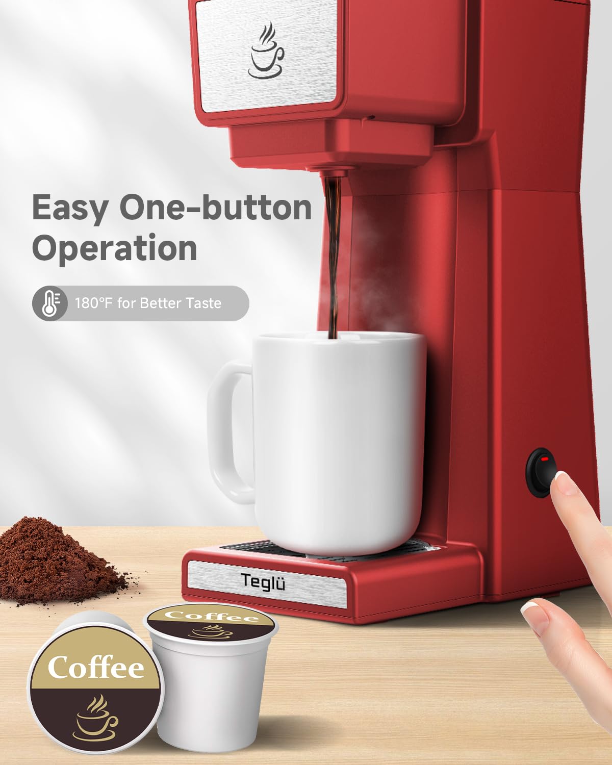 Teglu Single Serve Coffee Maker for K Cup & Ground Coffee, Single Cup Coffee Maker 6 to 14 oz, Fits Travel Mug 6.7", CM-206, Red