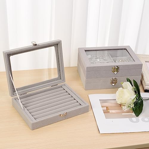 Velvet Glass Jewelry Display Storage Box Ring Earrings Tray Organizer Ring Holder Necklace Jewelry Box (Ring Tray)