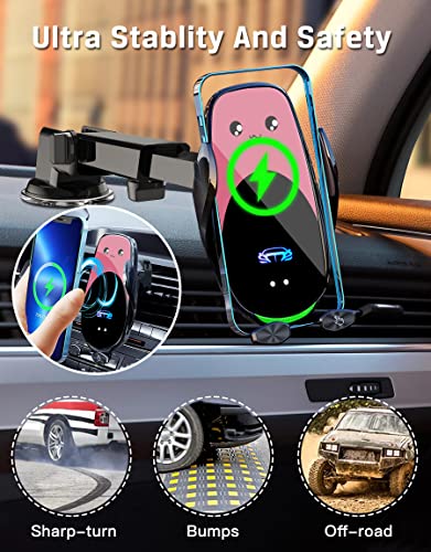 Wireless Car Charger Mount, 15W Qi Fast Charging Auto-Clamping Cell Phone Car Holder Air Vent Windshield (Pink)