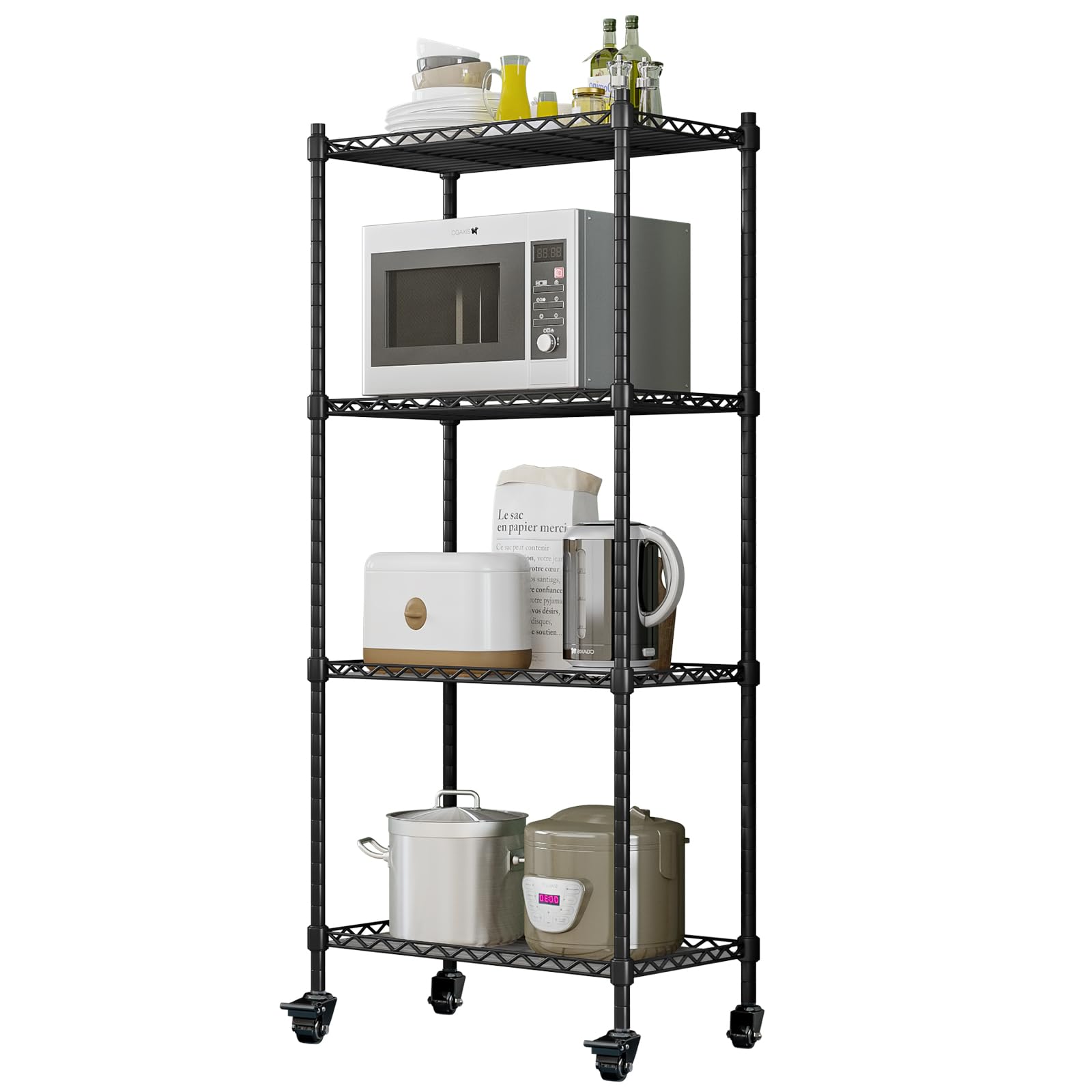 SORCEDAS Shelves 4 Tier Adjustable Utility Metal Storage Wire Rack Unit for Home Kitchen Garage Bathroom Office Indoor Black (Black, 4 Tier-with Wheel)
