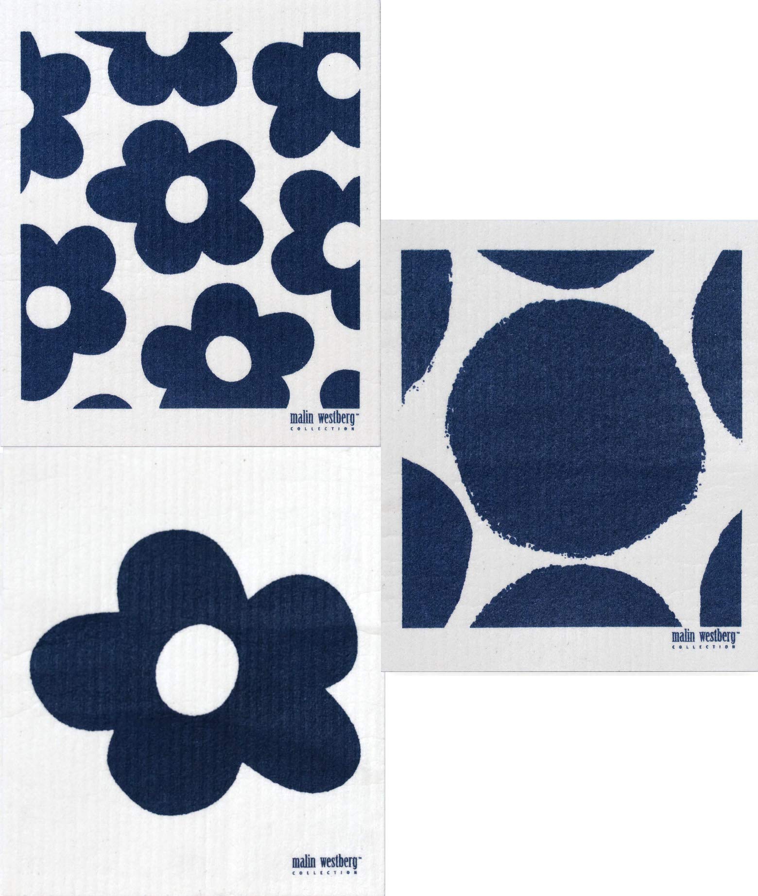 Trendy Tripper Swedish Dishcloths/Sponge Cloths: Packs of 3 Different Dark Blue Designs (3-Pk Dark Blue: Blomma/Blommor/Bubble)