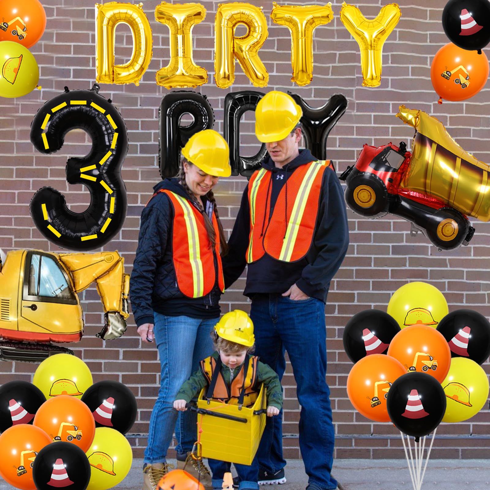 Wonmelody Construction 3rd Birthday Party Decorations Dirty 3rdy Dump Truck Balloon Banner Party Decorations Black Gold Excavator Roadblock Barricade Construction Decors for 3rd Years Old Boy