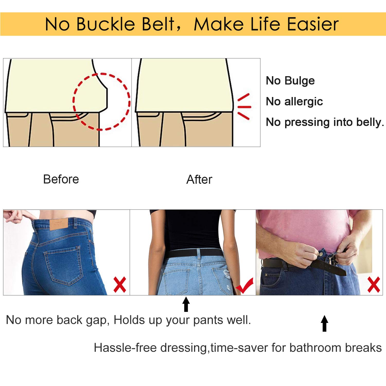 SUOSDEY No Buckle Elastic Stretch Belts for Men and Women Black, Invisible Belts for Jeans Pants, Size S