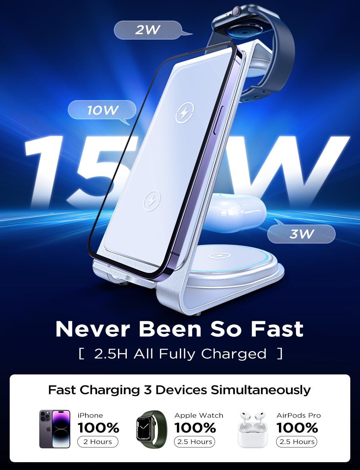 Wireless Charger, 3 in 1 Charging Station for Multiple Devices Apple, [Metal] 15W Fast iPhone Charging Station for iPhone 15/14/13/12/11/Pro/Max/Apple Watch/Airpods Pro