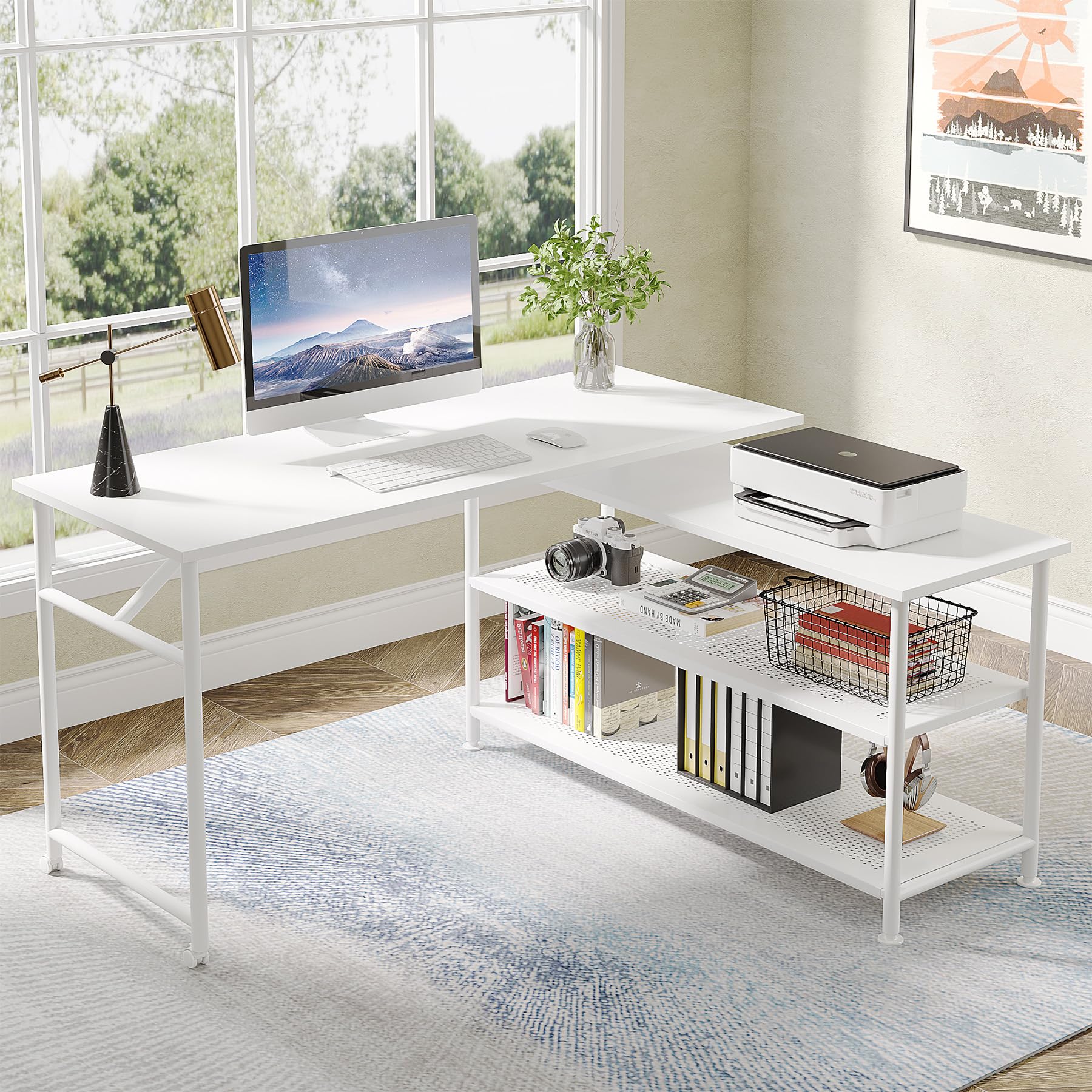 Tribesigns Modern L-Shaped Desk with Storage Shelves, 360°Rotating Desk Corner Computer Desk Study Writing Table Workstation with Open Shelves for Home Office, High Glossy Finish (Black)