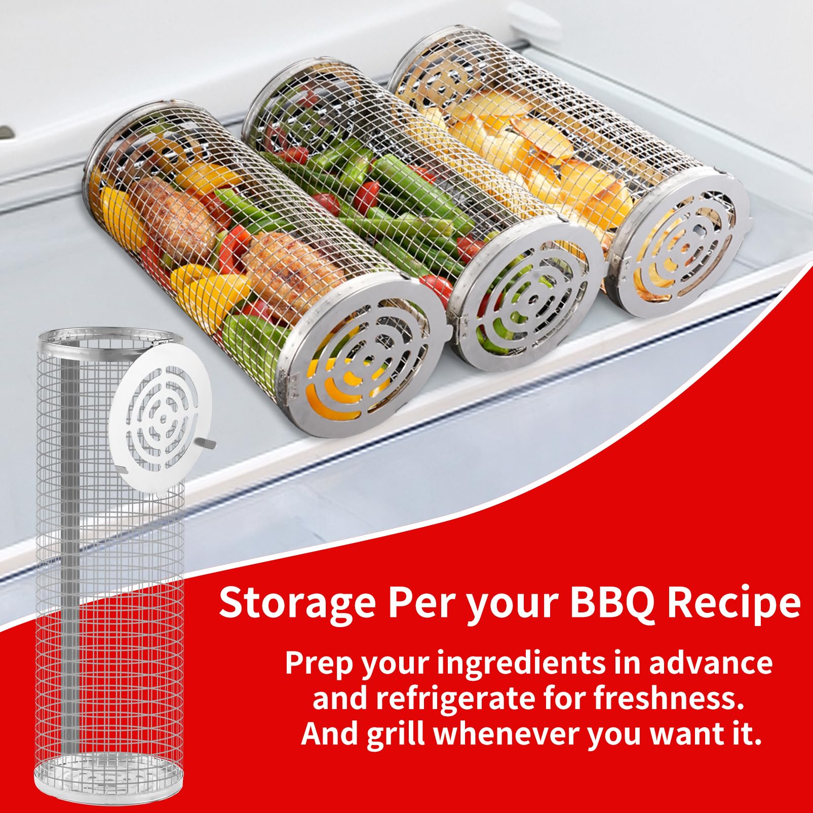 Rolling Grilling Baskets for Outdoor Grill Bbq ,Stainless Steel Grill Mesh Barbeque Grill Accessories,Outdoor Round BBQ Stainless Steel Grill Basket Campfire Grill Grid - Camping Picnic Cookware