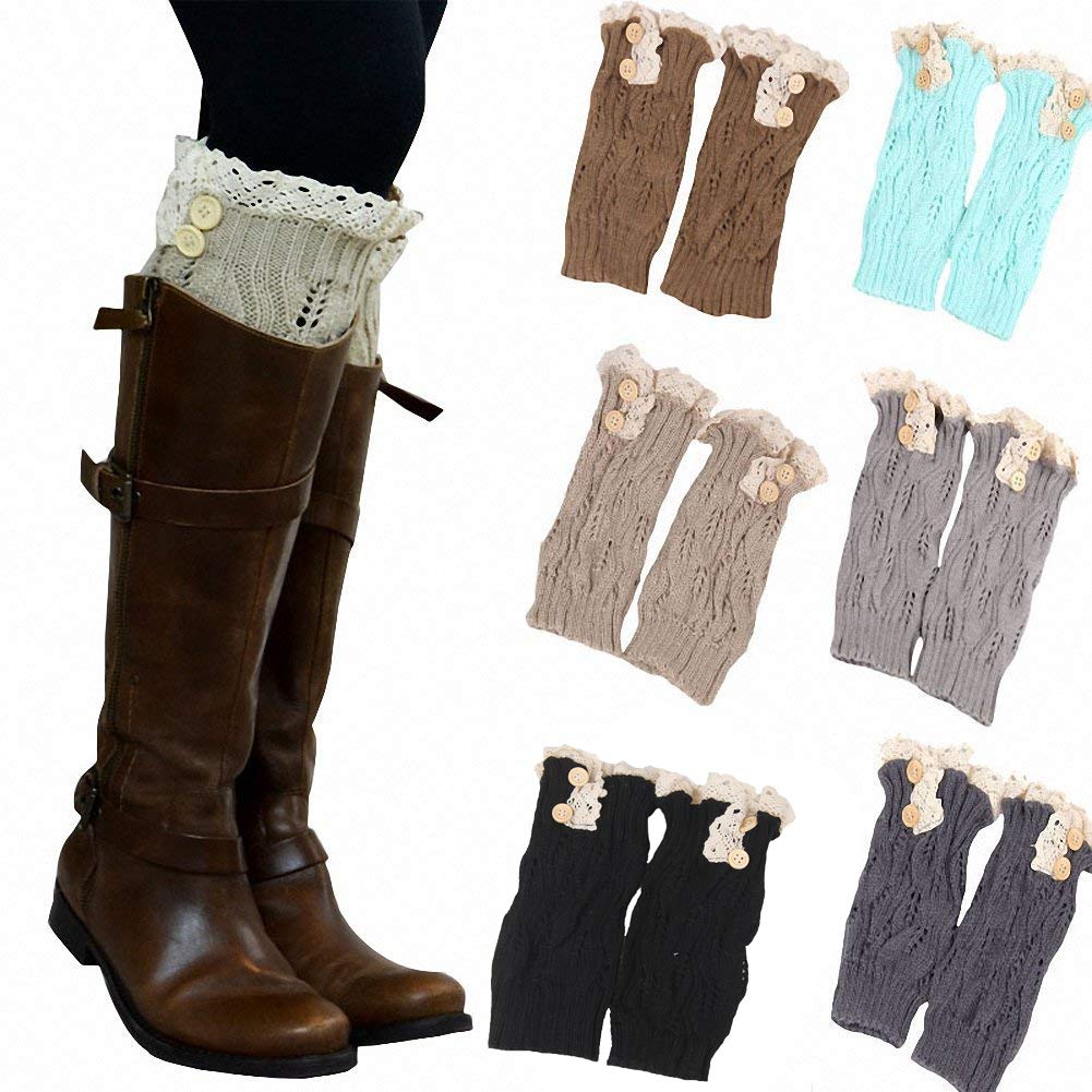 OUR SUPER DEALS 6 Pack Women Crochet Knitted Button Lace Trim Boot Cuffs Leg Warmer Socks