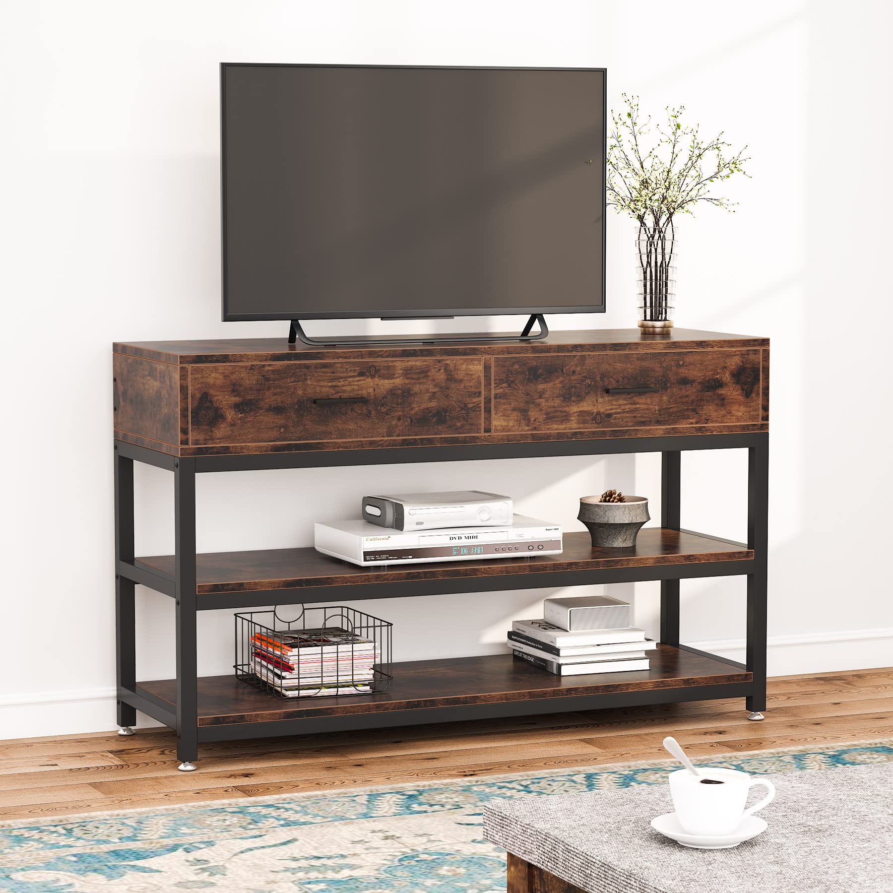 Tribesigns Rustic Console Sofa Table with Drawers, Industrial TV Stand 2 Shelf Hallway Entryway Table with Storage