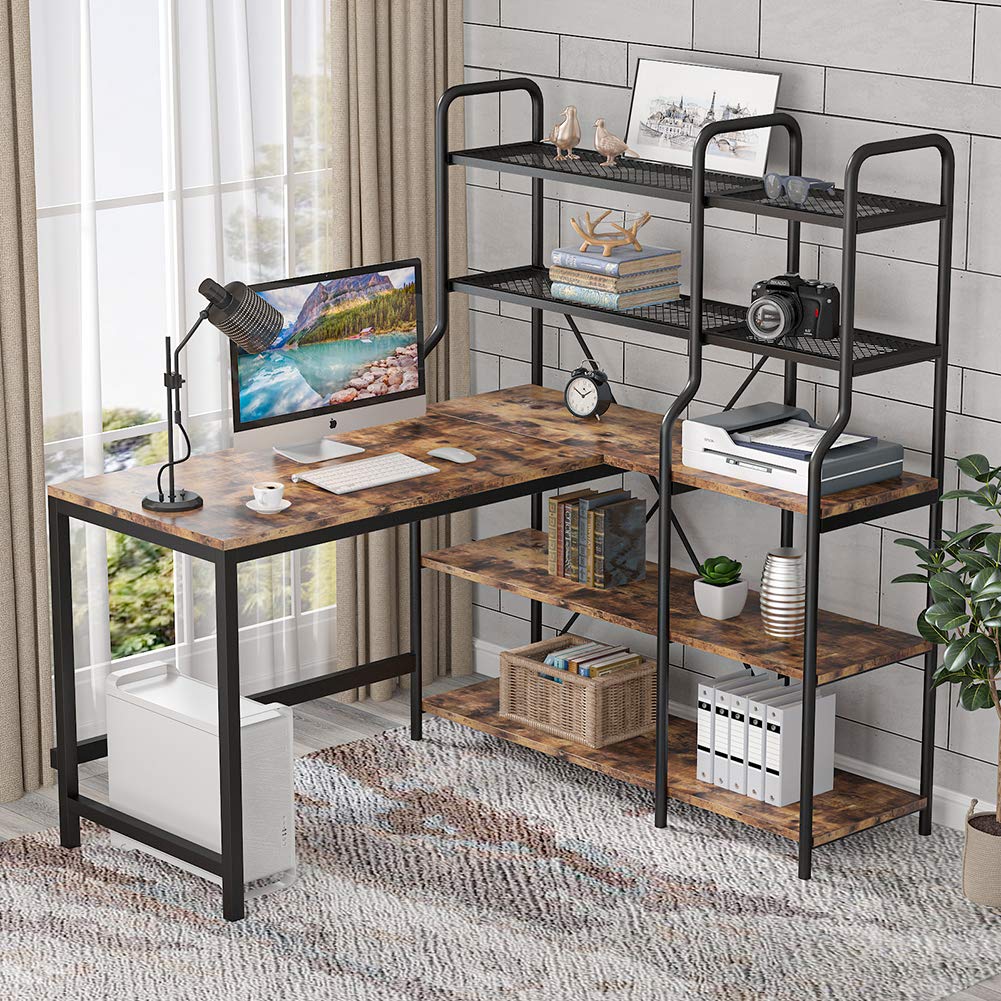 Tribesigns Computer Desk with 5-Tier Bookshelf, 53 inch L Shaped Desk with Hutch 10 Storage Shelves Study Writing Workstation with Metal Mesh for Home Office Use (Rustic Brown)