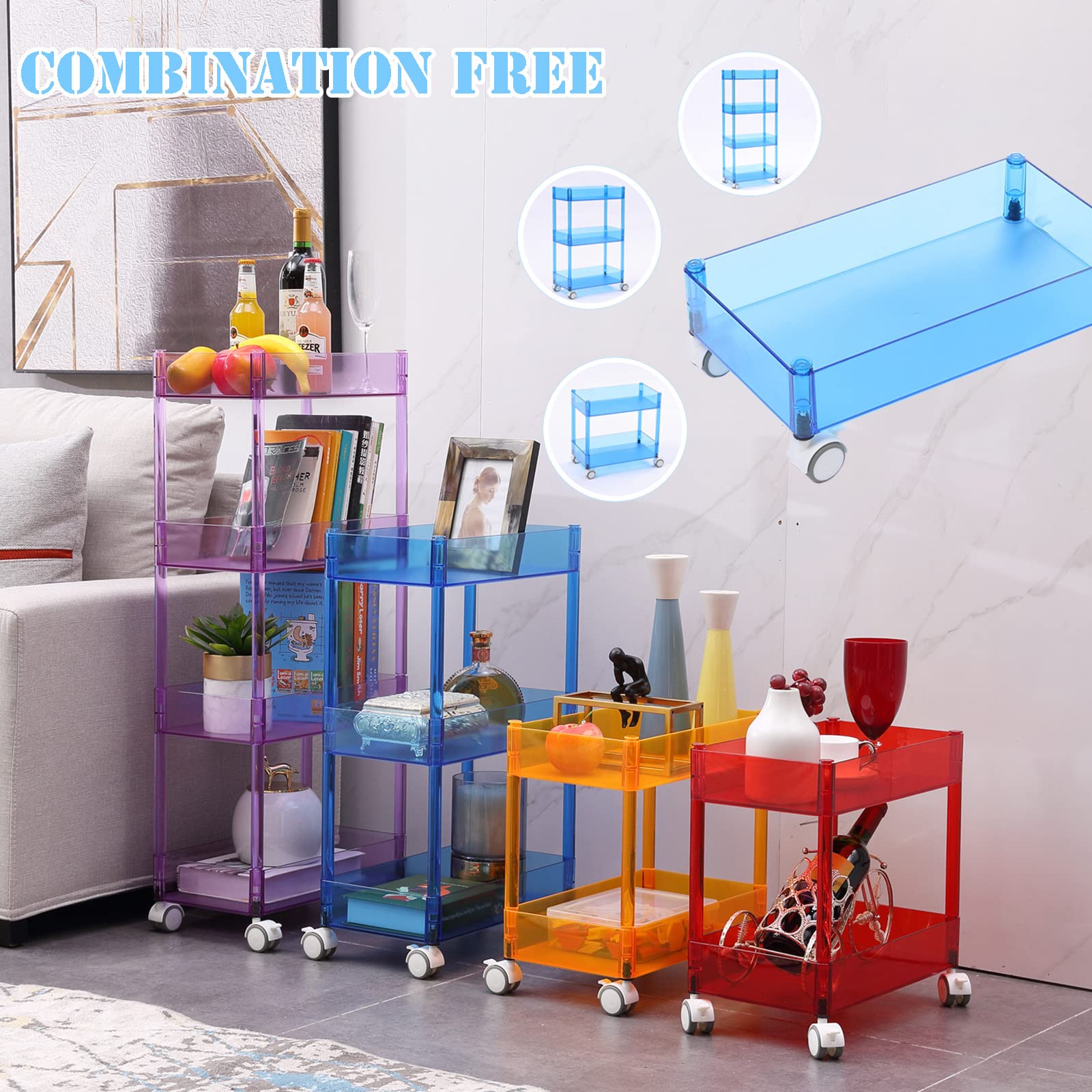 Rolling Storage Cart, Laundry Room Organization, Floor-Standing Storage Trolley, 4-Tier Mobile Shelving Unit, Quick Assembly,15.7" Dx8.7 Wx36.2 H,Purple