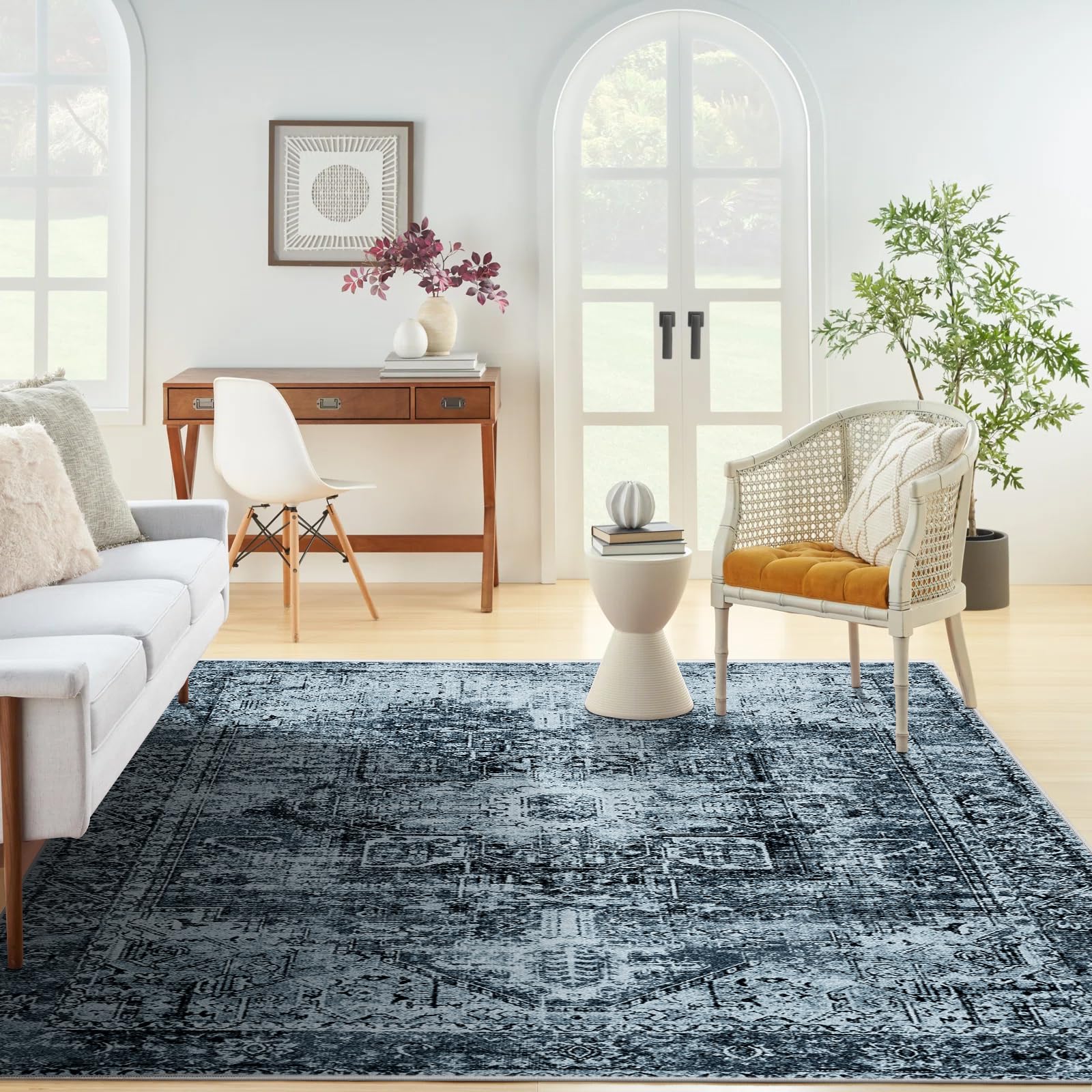 Worxvell 6x9 Living Room Rug - Large Washable Area Rug for Bedroom Non Slip Decor Rug, Oriental Machine Carpet for Dining Room Kids Room Classroom Vintage Low Pile Distressed Throw Rugs for Office