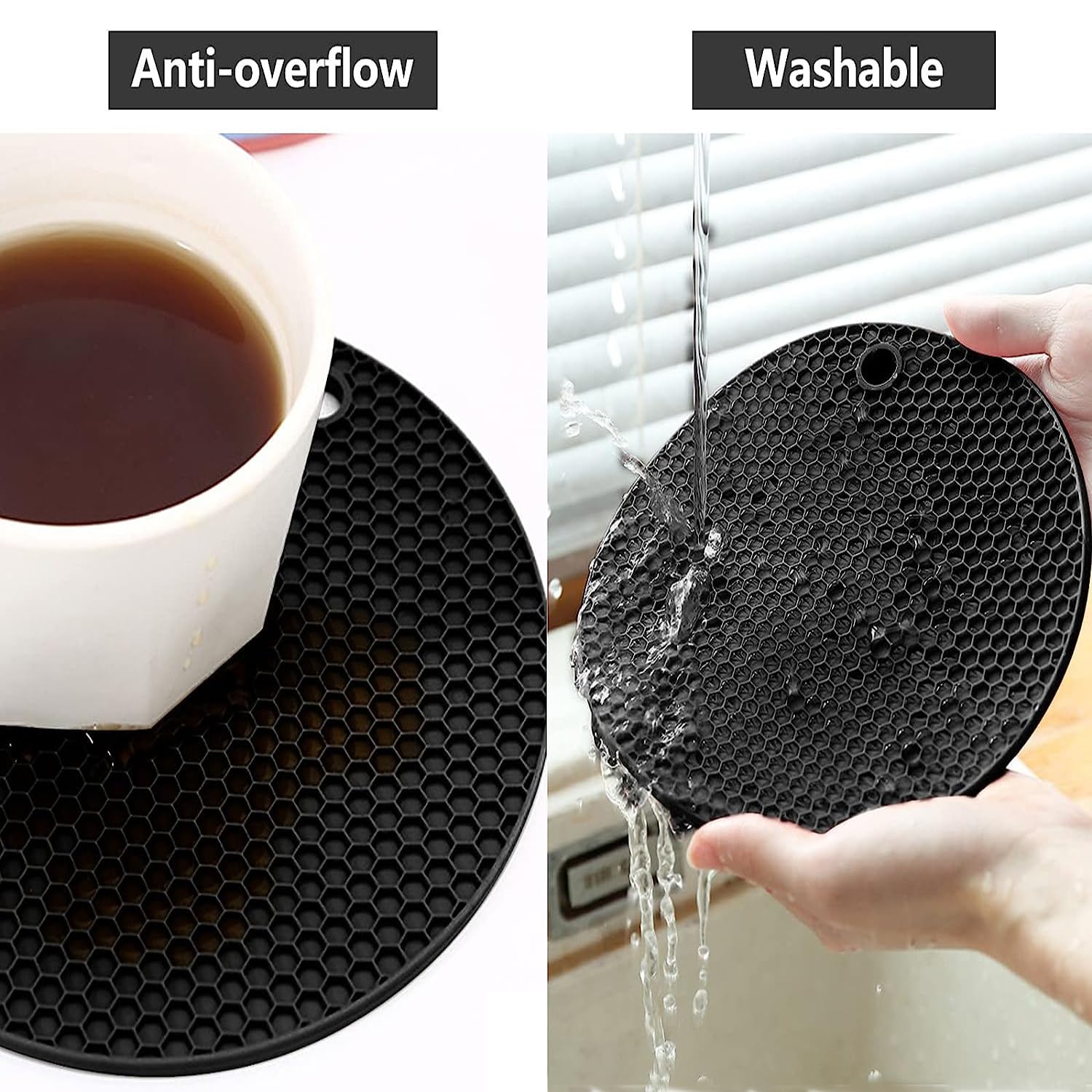 Silicone Trivet Mats,2Pcs Multipurpose Non Slip Heat Resistant Pot Holders for Kitchen Countertops(Black)