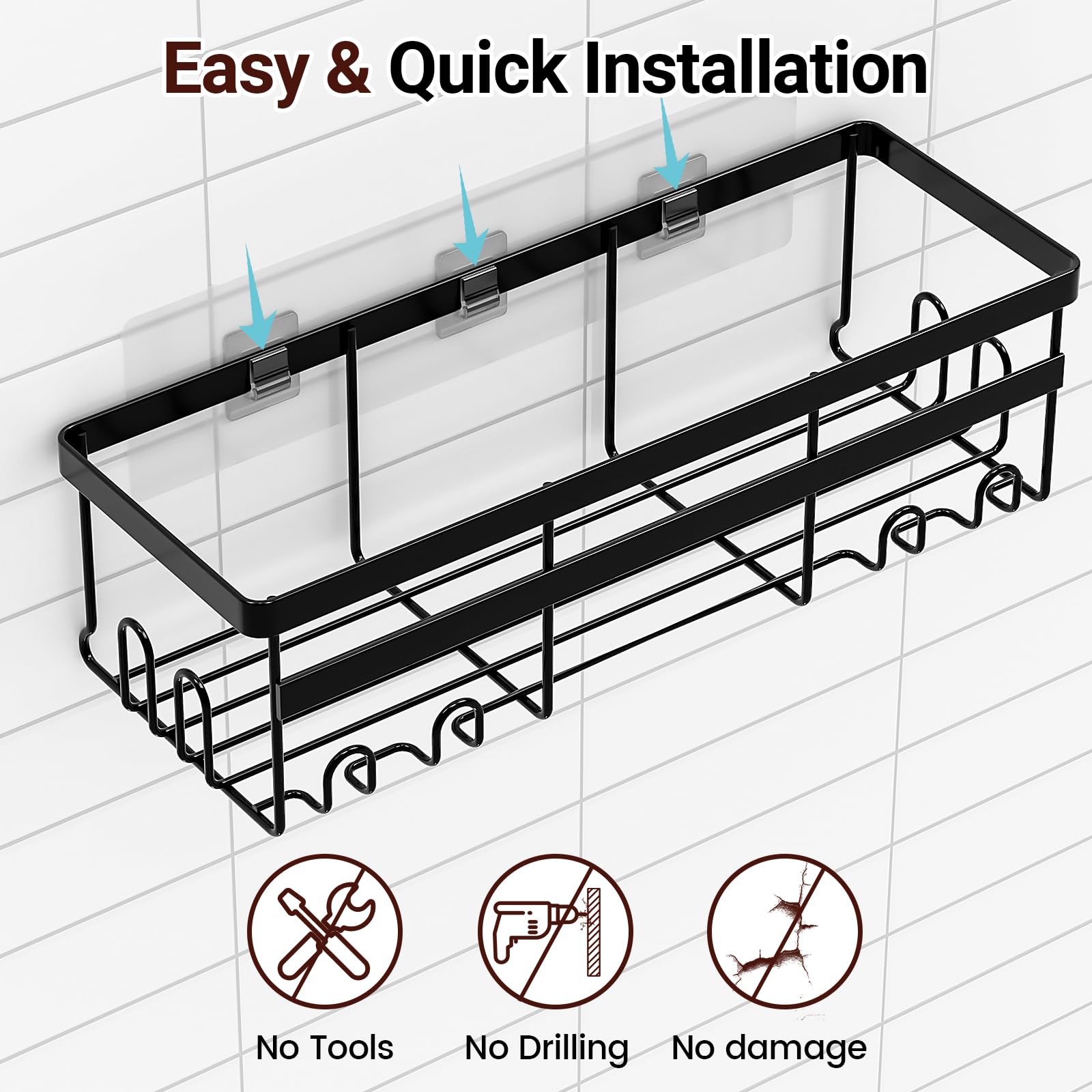WOWBOX Shower Caddy Shelf Organizer, 2 Pack Adhesive Black Bathroom Accessories, Save Space with Hooks, Toiletries Organization And Storage Stainless No Drilling Shower Shelves