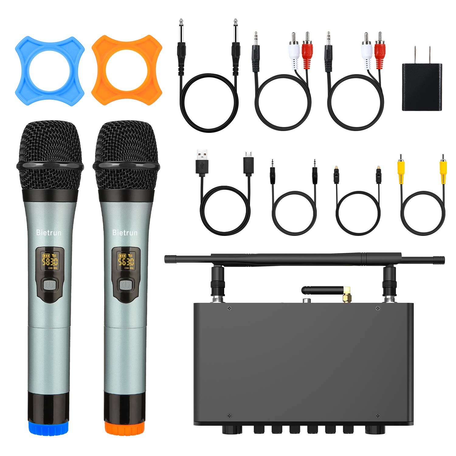 Wireless Microphone with Bluetooth&Echo/Treble/Bass, 165 ft Range, Bietrun UHF Dual Handheld Cordless Dynamic Mic System for PA System/AMP/Home TV Karaoke/Bluetooth Speaker/(1/4''&1/8‘’AUX Interface)