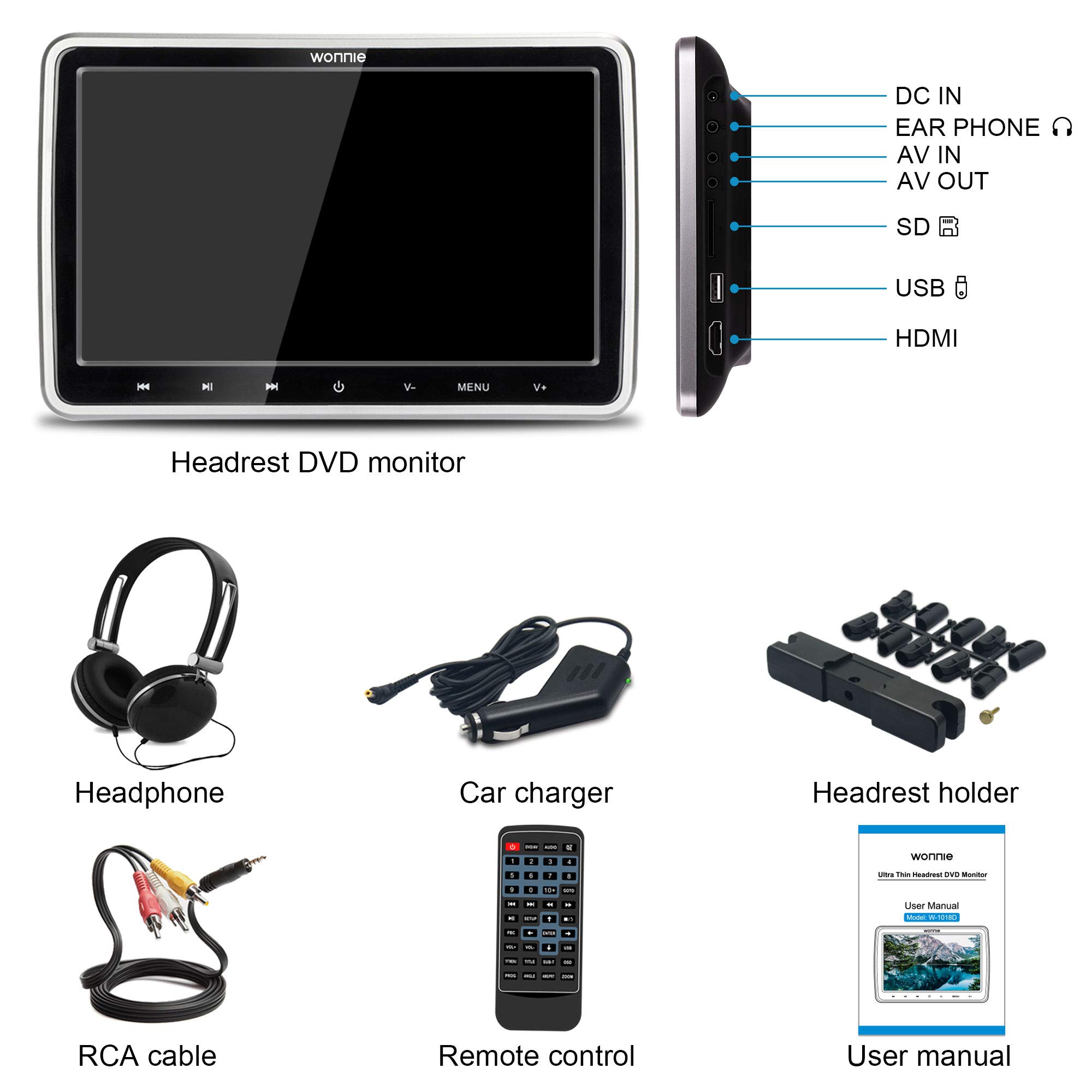 WONNIE 10.5’’ Car DVD Player with Headrest Mount, HDMI Input, 1080P Video Support, Headphone, AV in / Out, USB /SD, Regions Free, Last Memory