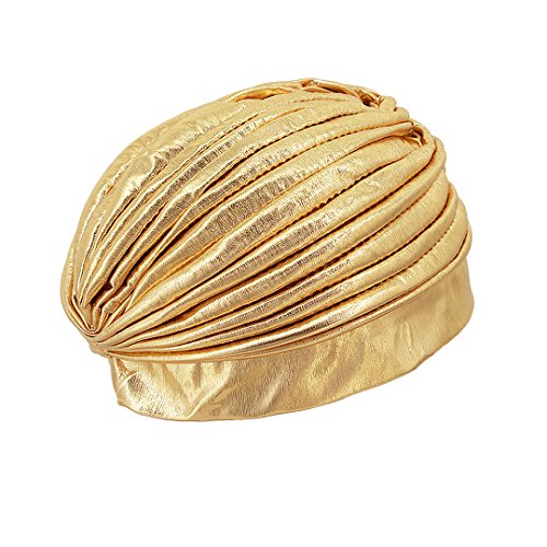Surkat Unisex Metallic Arab India Pleated Turban Headwrap Swami Hat Costume Hat Chemo Cap(Gold)
