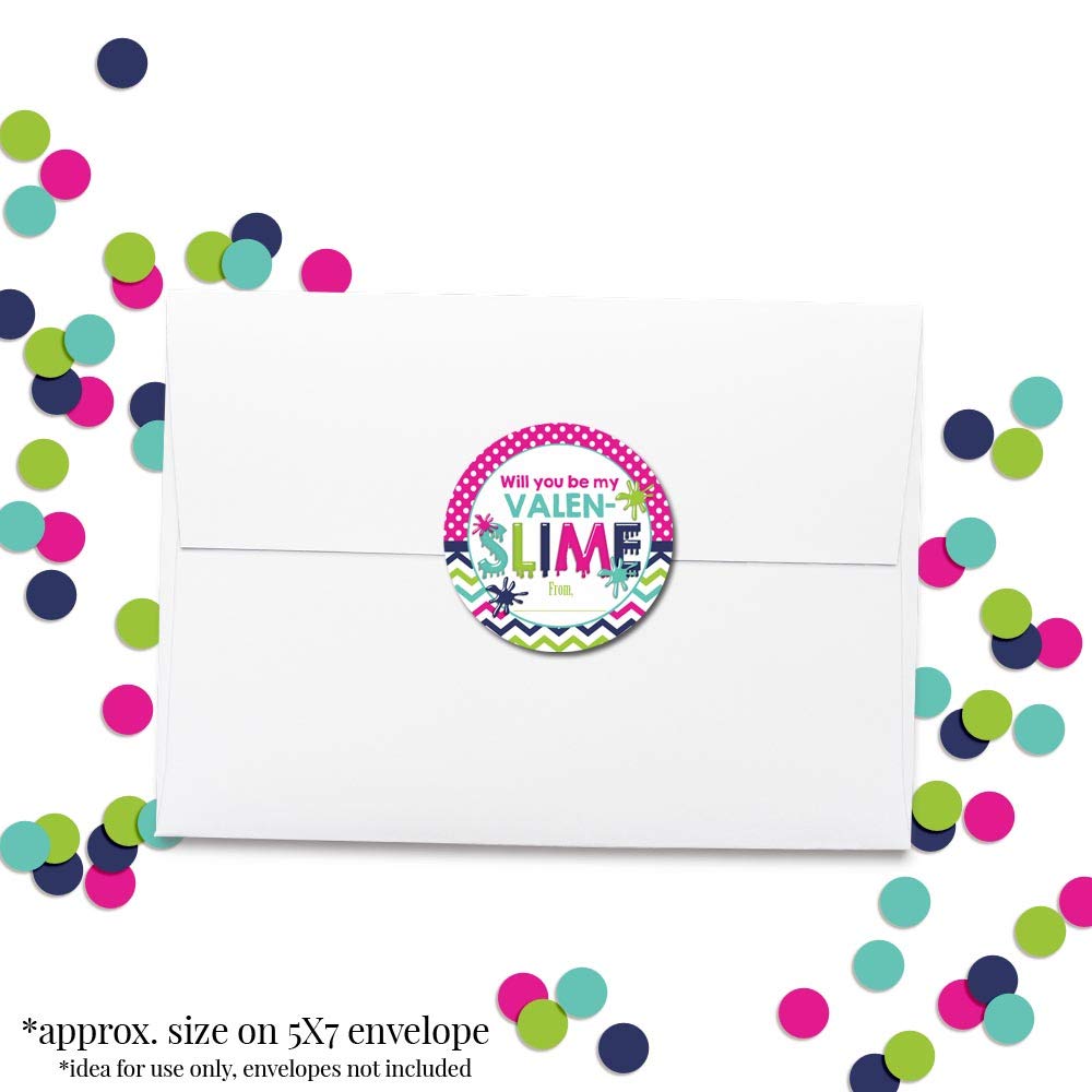 Slime Time Valentine Party Favor Sticker Labels, 40 2" Party Circle Stickers by AmandaCreation, Great for Classroom Valentines, Envelope Seals, Gifts & Treats