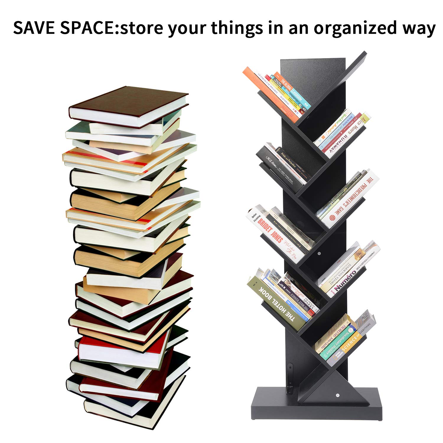 Wood Bookshelf Narrow Tall Tree Bookshelf Black Modern Open Wooden Bookcase Book Shelf Bookcases and Book Shelves