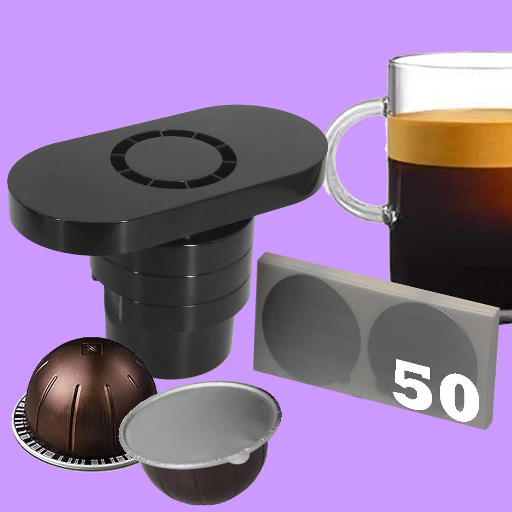 Reusable Vertuo Pods Tool Kit + 100 PCS Aluminum Foil Stickers for Nespresso Vertuo Capsules, Perfect Solution to Reuse Vertuo Refillable Pods (Tool Kit + 100 PCS of Foil Lid Stickers)