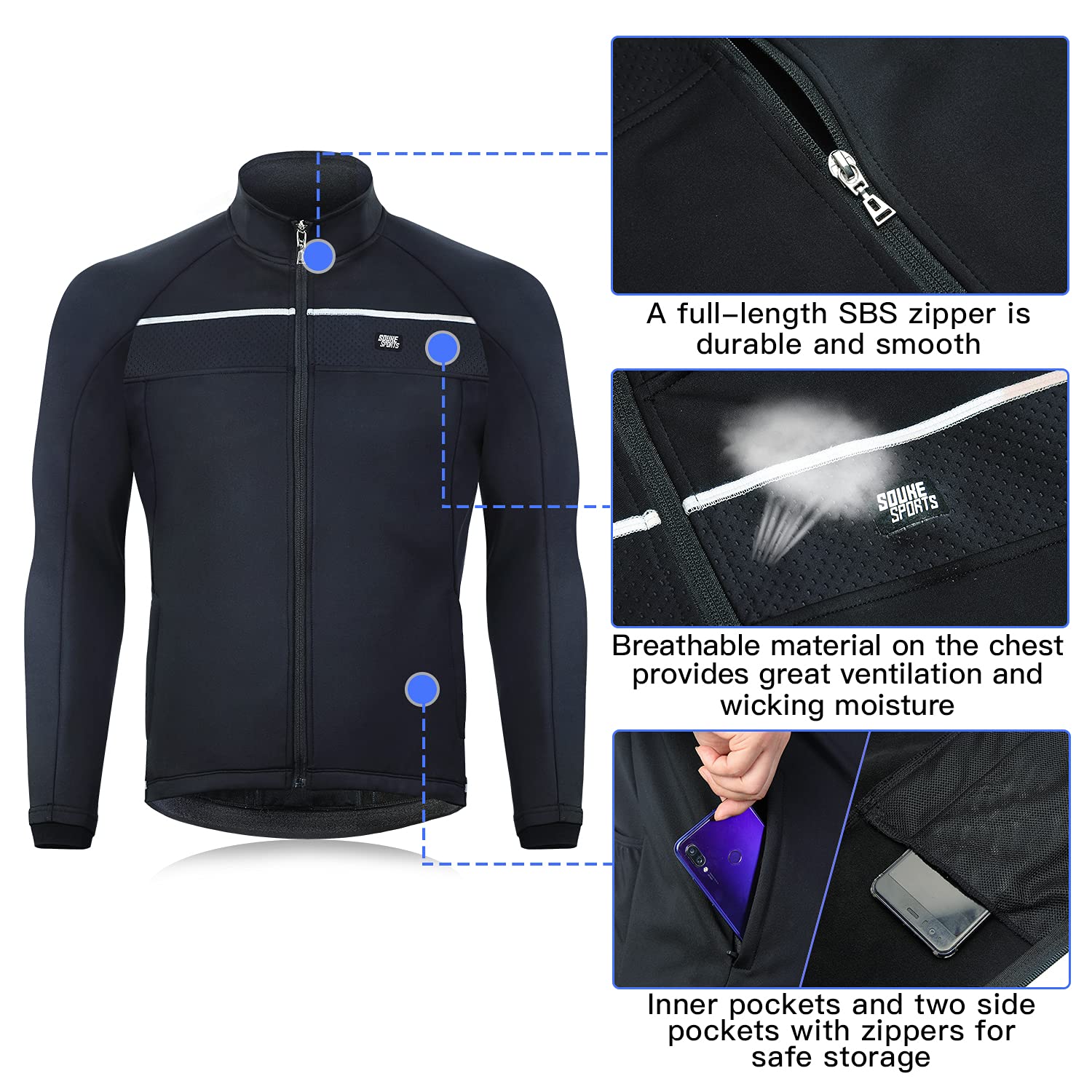 Souke Sports Men’s Winter Warm Cycling Jacket Windproof Running Water Resistant Thermal Breathable Softshell Windbreaker Reflective for Bike Riding Black(Black,Medium