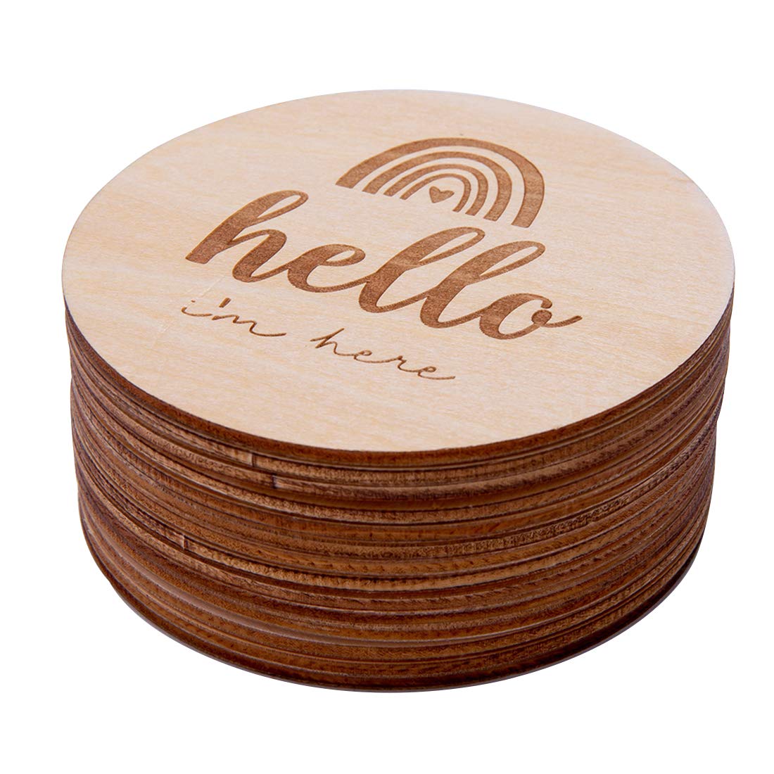 Wooden Baby Monthly Milestone, Double Sided Discs Round Wooden Milestone Baby Milestone Includes 14 Cards with Drawstring Bag (Rainbow Cards)