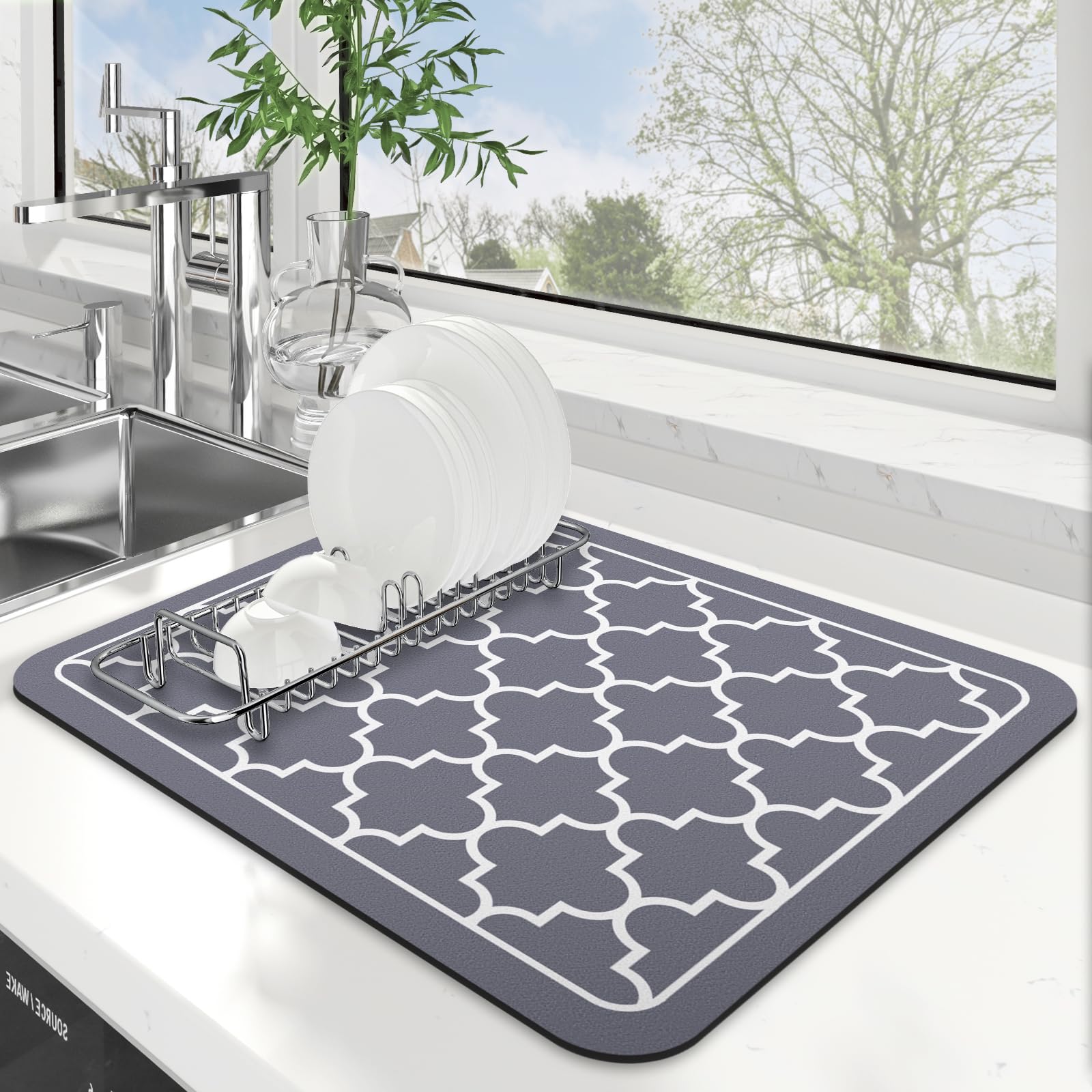 WISELIFE Dish Drying Mat Super Absorbent Drying Mat Large Dish Drying Mats for Kitchen Counter Easy clean Dish Mat Kitchen Drying Mat 15" x 18" Grey