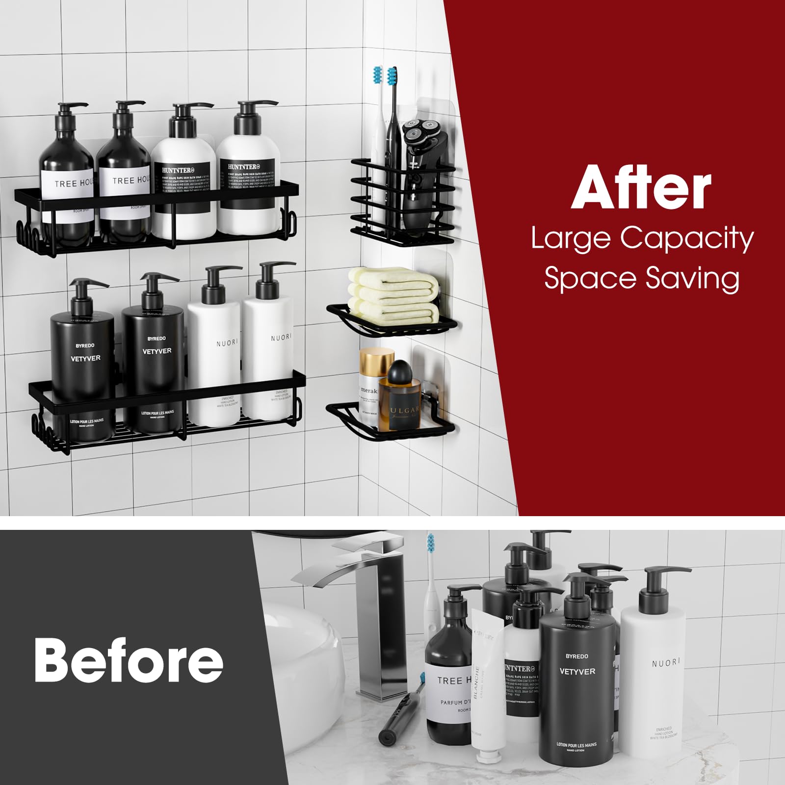 Sakugi Shower Caddy 5 Pieces - Stainless Steel Shower Organizer, Rustproof Bathroom Shower Shelves for Inside Shower, Black