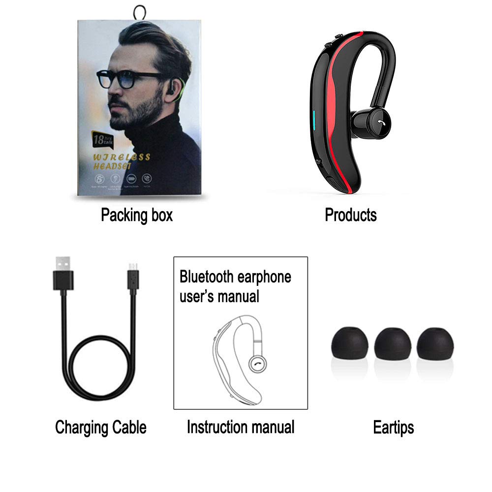 SLuB True Wireless Bluetooth Single Earbud with Microphone 17-18 Hours Playtime Noise Cancelling Waterproof Ear-Hook Sport Headset for Cell Phone(Red)