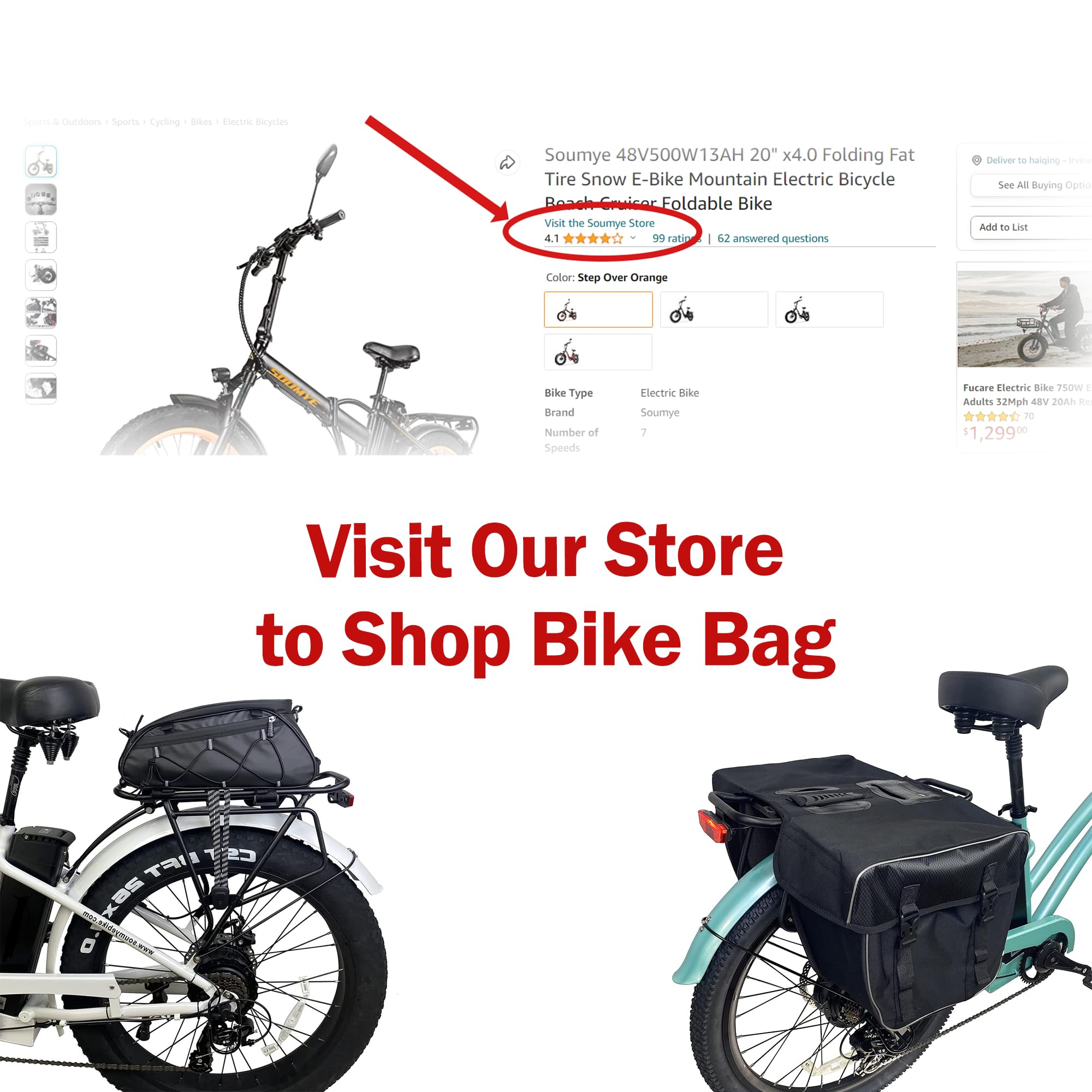 Soumye 48V500W13AH 20" x4.0 Folding Fat Tire Snow E-Bike Mountain Electric Bicycle Beach Cruiser Foldable Bike (Step Over Orange)