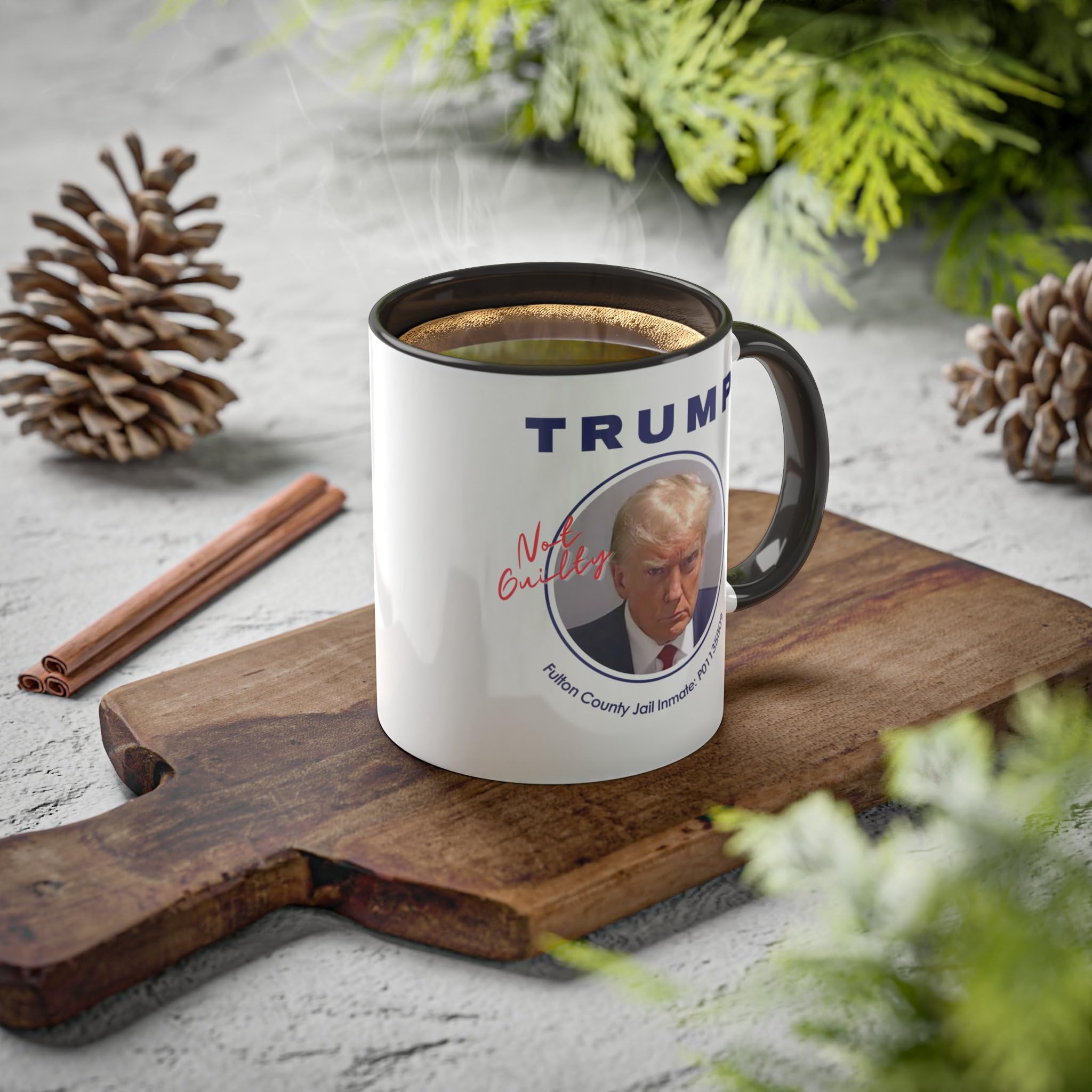 Two Sided 15oz Trump Mugshot Mug - Trump Not Guilty Inmate No. P01135809 Ceramic Coffee Mug - Gift for Any Trump-Loving Conservative (Blue)