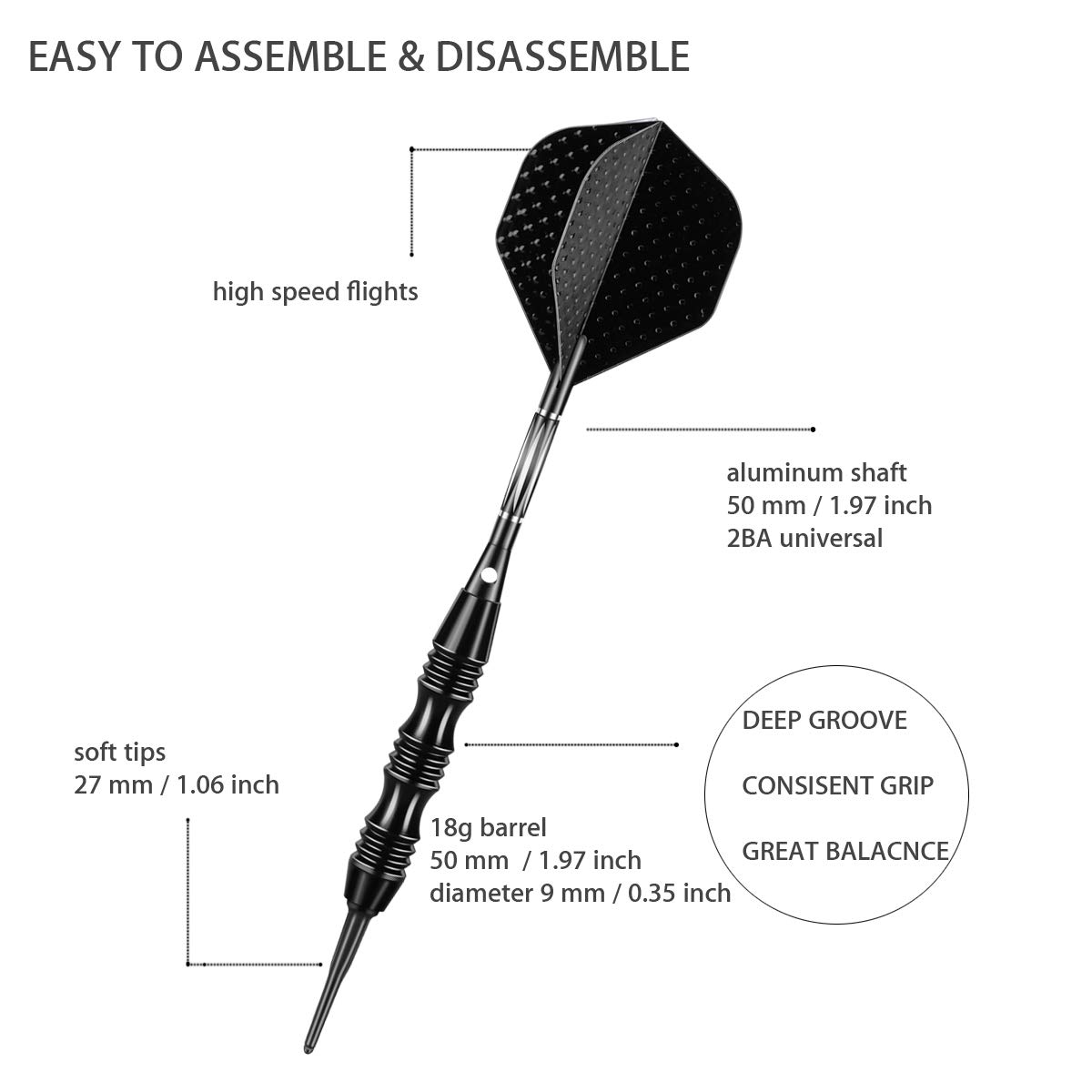 sanfeng Professional Soft Tip Darts Set 20 Grams W/ 50 O-Rings- 30 Darts Plastic Tip + Black Aluminum Shafts + 6 Standard Flights + Portable Case for Electronic Dart Board