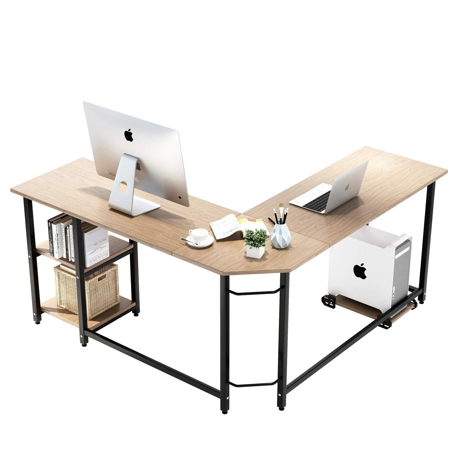 Twomaples L-Shaped Desk with Storage Shelves - Computer Corner Desk for Small Space,Home Gaming Desk Study Writing Table with Bookshelves/CPU Stand Modern Steel Frame Wood Desk Home Office Workstation