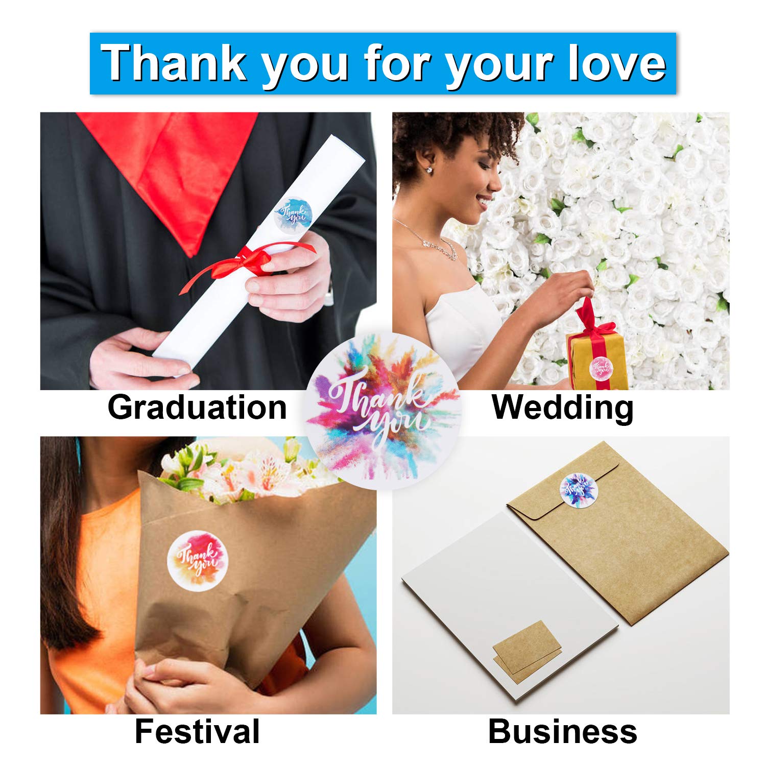 Thank You Stickers, Round Labels for Business Multiple Color 1.5 inches