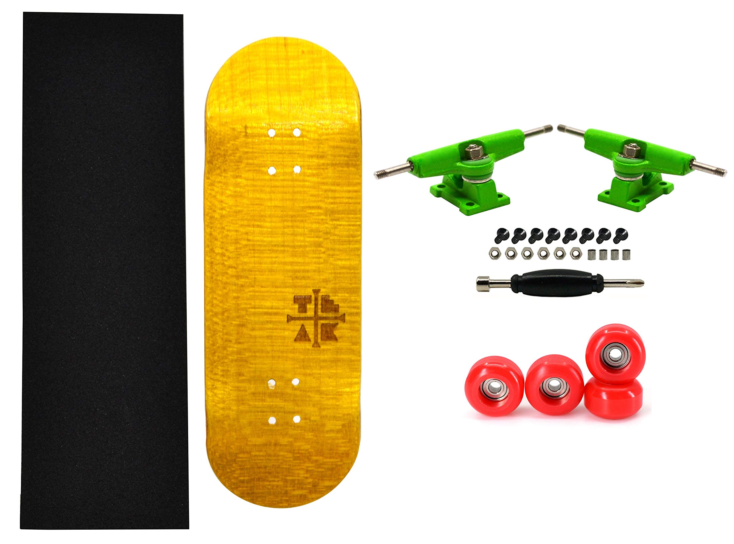 Teak Tuning Prolific Complete Fingerboard - Pro Board Shape and Size, Bearing Wheels, and Trucks - 32mm x 97mm Handmade Wooden Board - Rad Rasta Edition