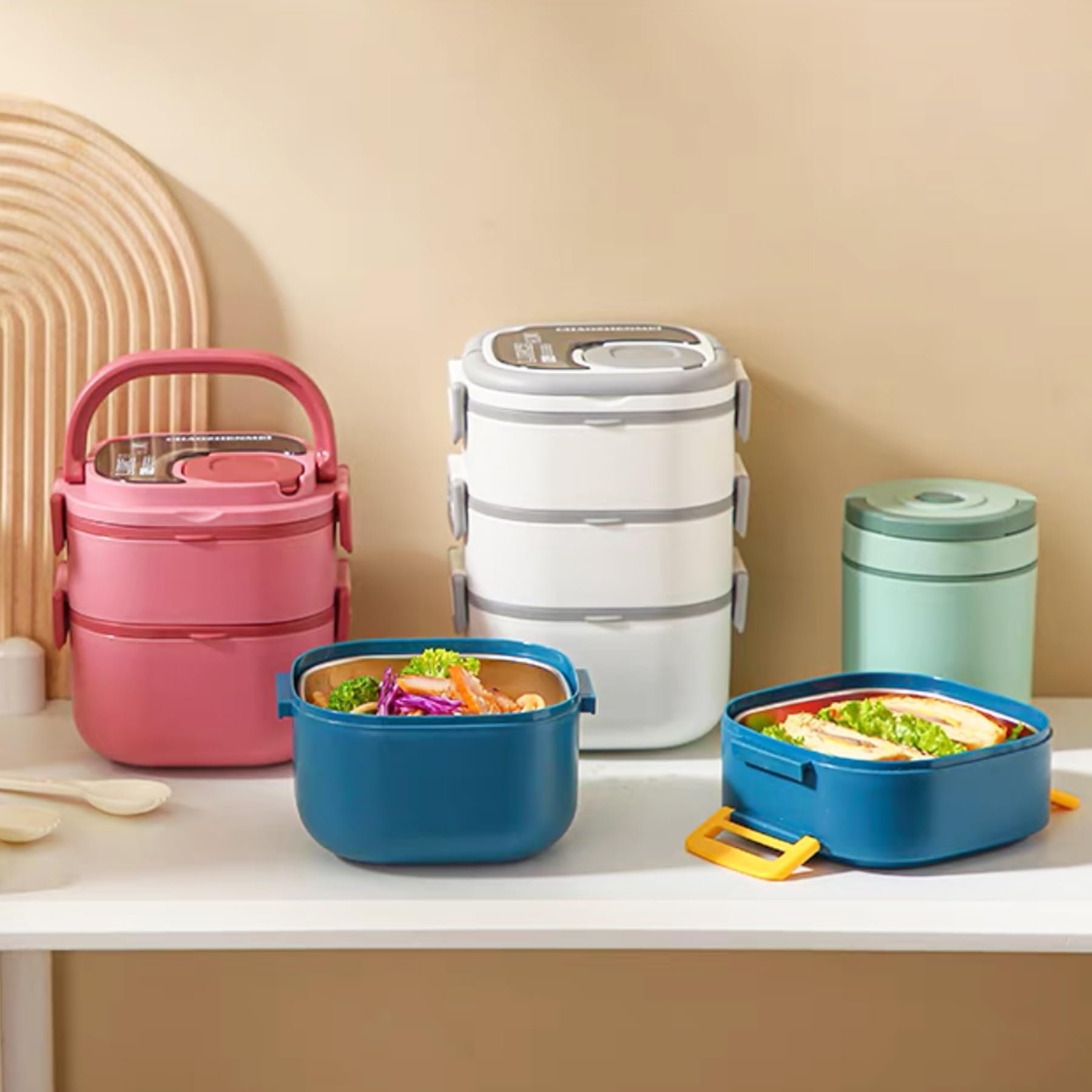 Tinaforld Salad Container Bowl Large 82 oz,Bento box Adult Lunch Box,3 Stackable Tray, 3 oz Sauce Cups,Built-In Reusable Fork and Knife, BPA-Free