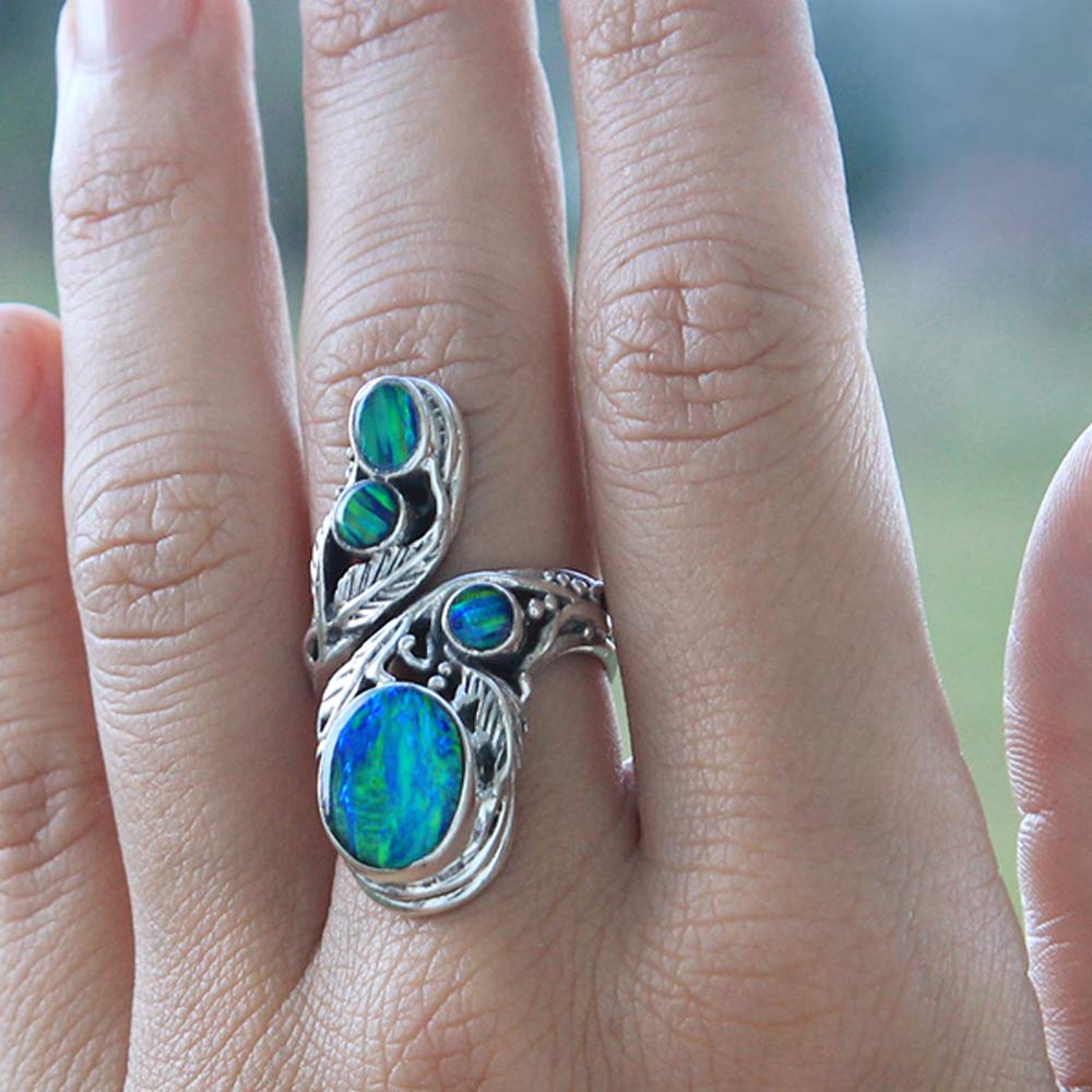 VY JEWELRY Blue Opal 925 Sterling Silver Women Ring - Free Size - Made in Thailand
