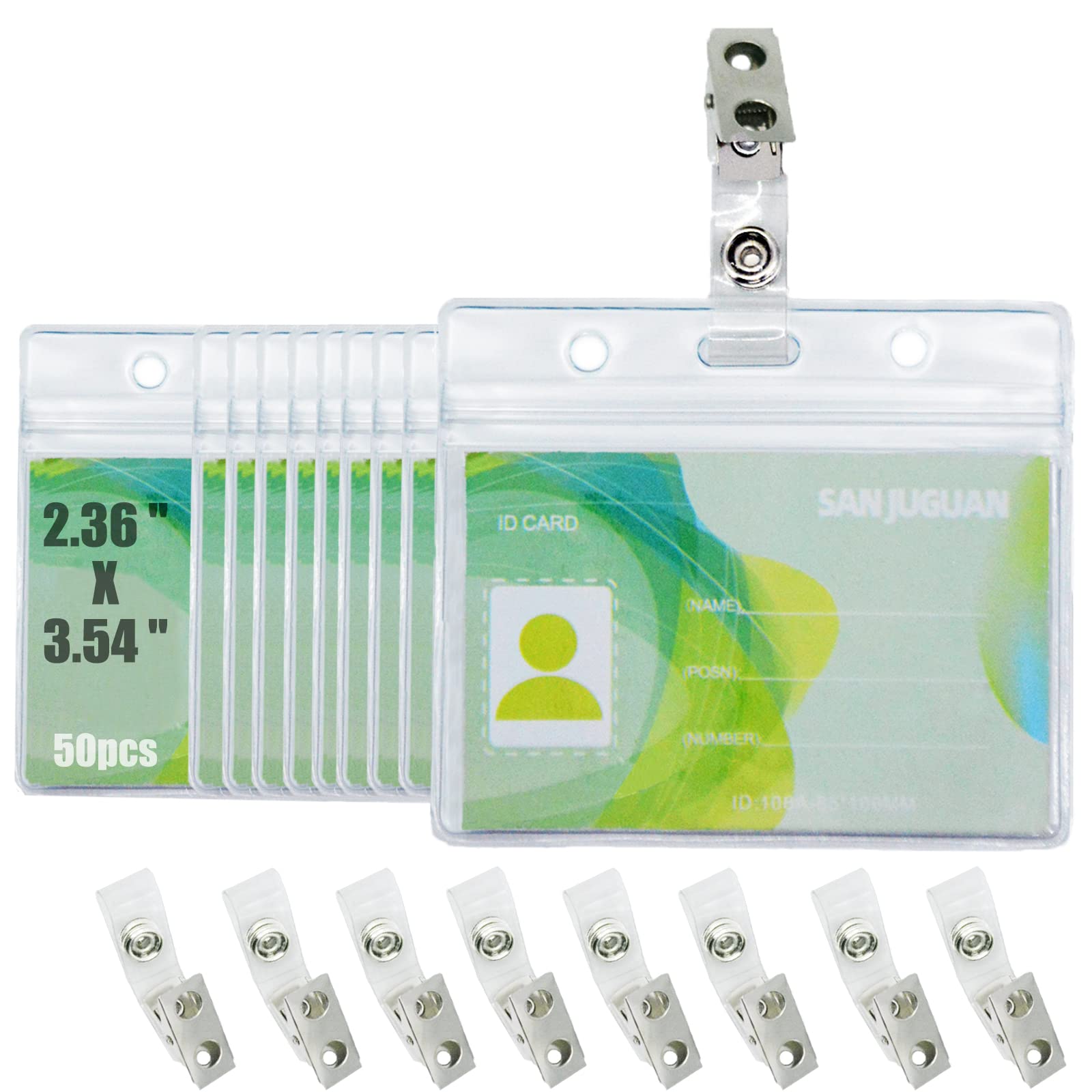SANJUGUAN Badge Holder with Clips and Vinyl Straps(Horizontal, 50 Pack),ID Badge Holder with Waterproof Resealable Zip, Name Badge Holder for Nurses Office and School