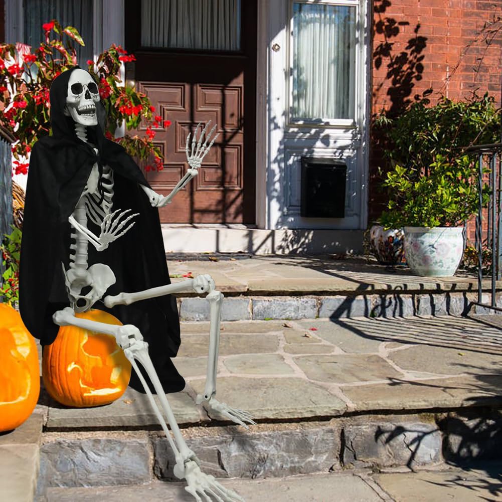 UMEELR 5.4ft/165cm Halloween Skeleton, Poseable Full Size Skeleton with Black Cloak, Life Size Human Bones for Halloween Front Yard Patio Lawn Garden