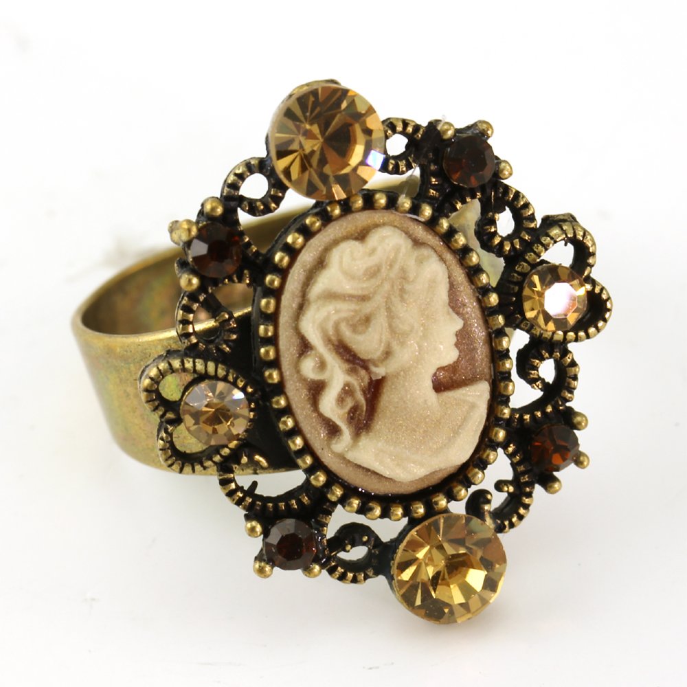 Soulbreezecollection Heart Shape Brown Cameo Ring Adjustable Band Women Fashion Jewelry