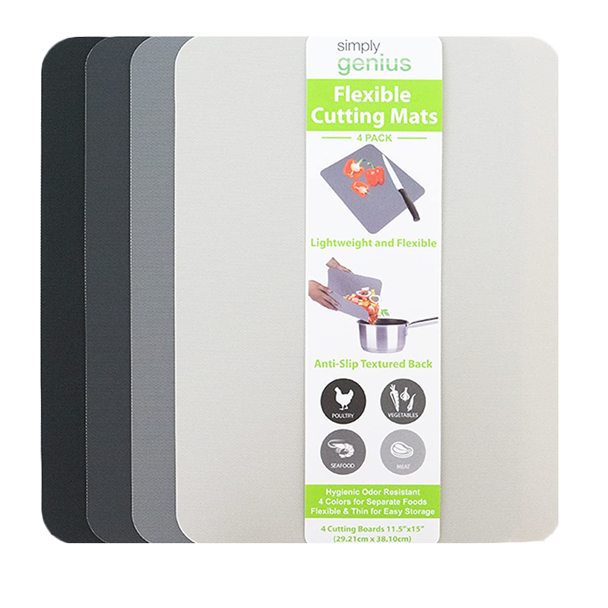 Simply Genius Plastic Cutting Boards for Kitchen - Color Coded Chopping Board Set - Flexible Cutting Mats for Meat & Vegetables - Dishwasher Safe, Non-Slip, BPA Free (4-Pack Multicolor, 11.5"x 15")