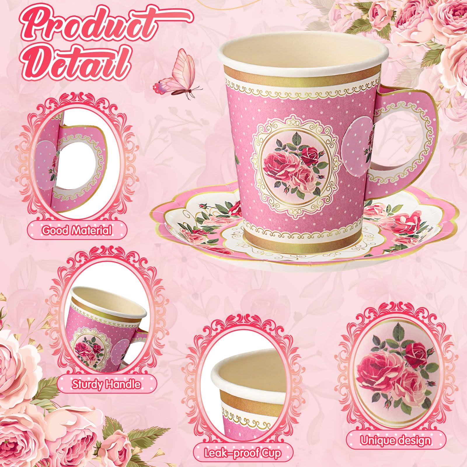 Tioncy 100 Pcs Tea Party Decorations Include 50 Pieces 9 oz Floral Paper Tea Cups with Handle and 50 Plates Disposable Blossom Teacups and Saucers Sets for Girls Birthday (Floral)