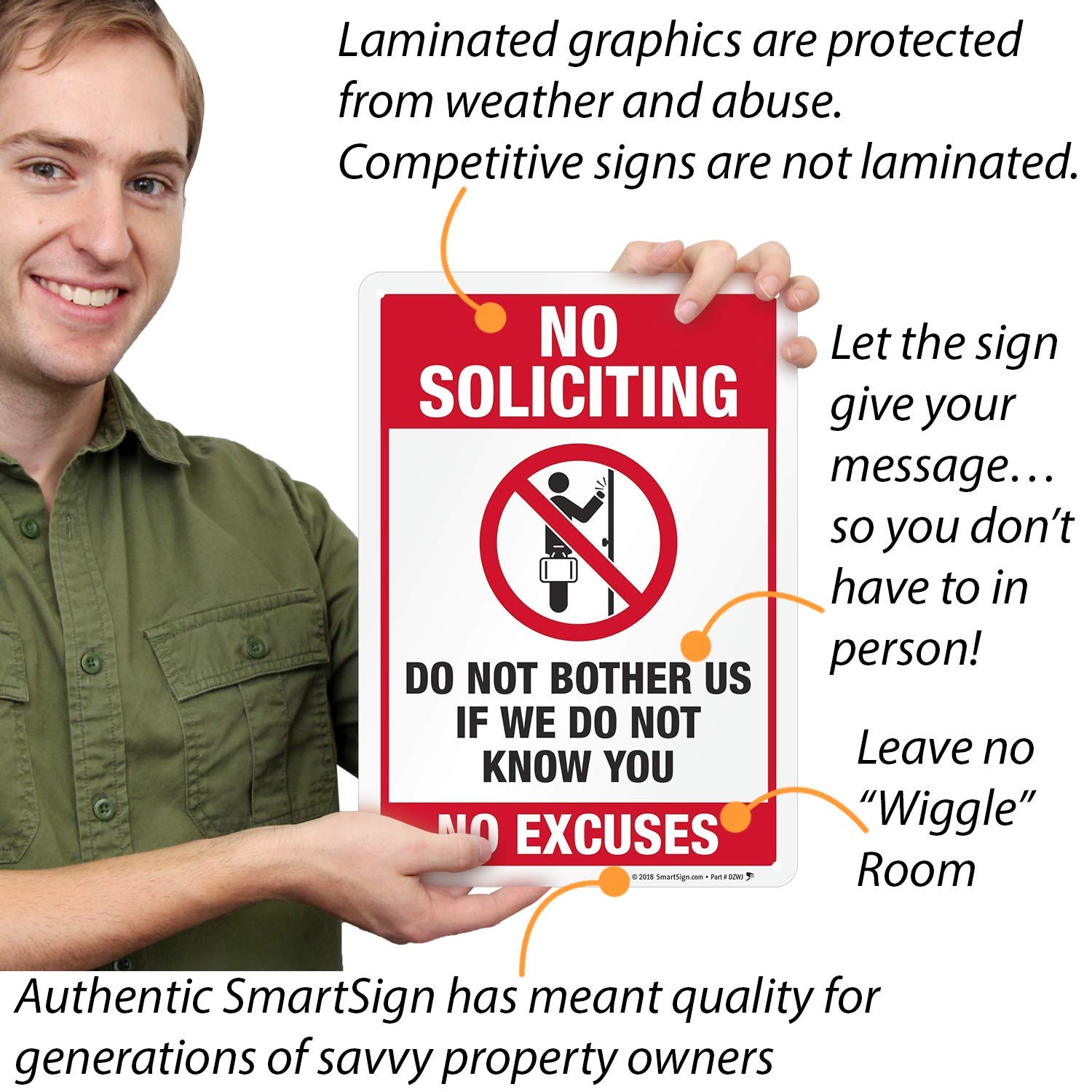 SmartSign 14 x 10 inch “No Soliciting - Do Not Bother Us If We Do Not Know You, No Excuses” Metal Sign, 40 mil Laminated Rustproof Aluminum, Red, Black and White