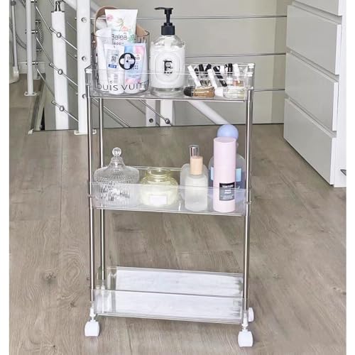Versatile Transparent Rolling Storage Cart, Slim Design, 3 Tier Multi-Purpose Organizer for Kitchen, Bathroom, Office, and More (Slim 3-ply)