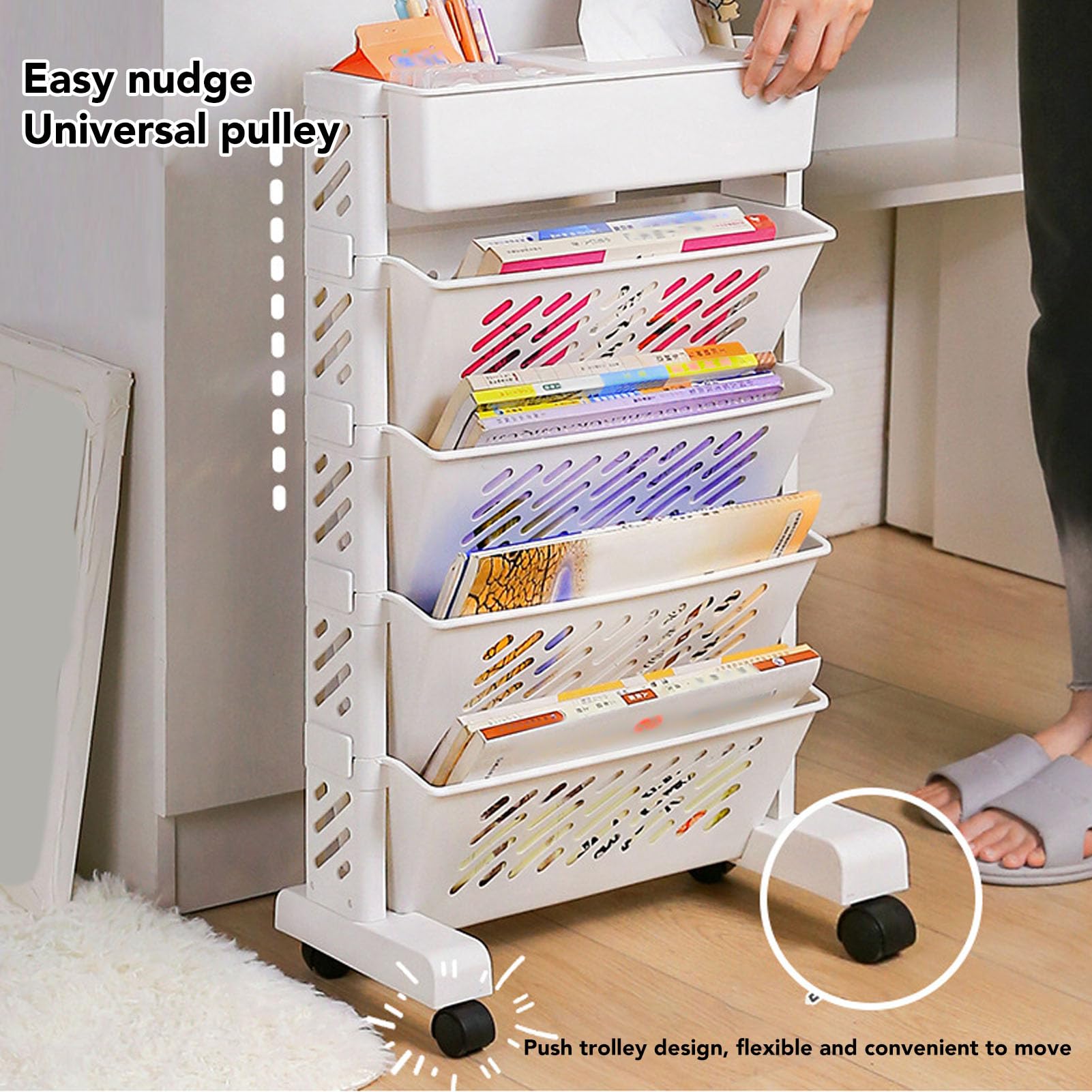 Rotatable and Detachable Plastic Storage Organizer Shelf Removable Bookcase Bookshelf File Organization with Multi Level Capacity, Rolling Storage Cart for Study Office Living Room (6 Layer)