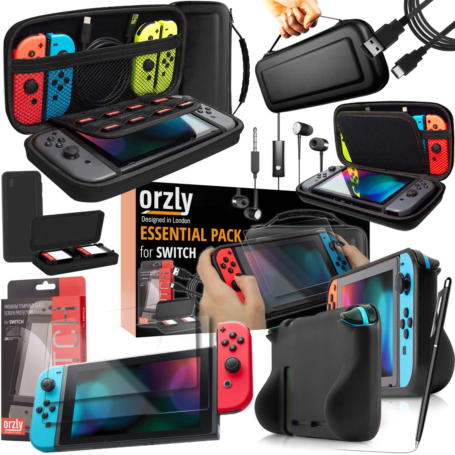 Switch Accessories Bundle - Orzly Essentials Pack for Nintendo switch Case & Screen Protector, Grip Case, Games Holder, Headphones - Classic Black Edition