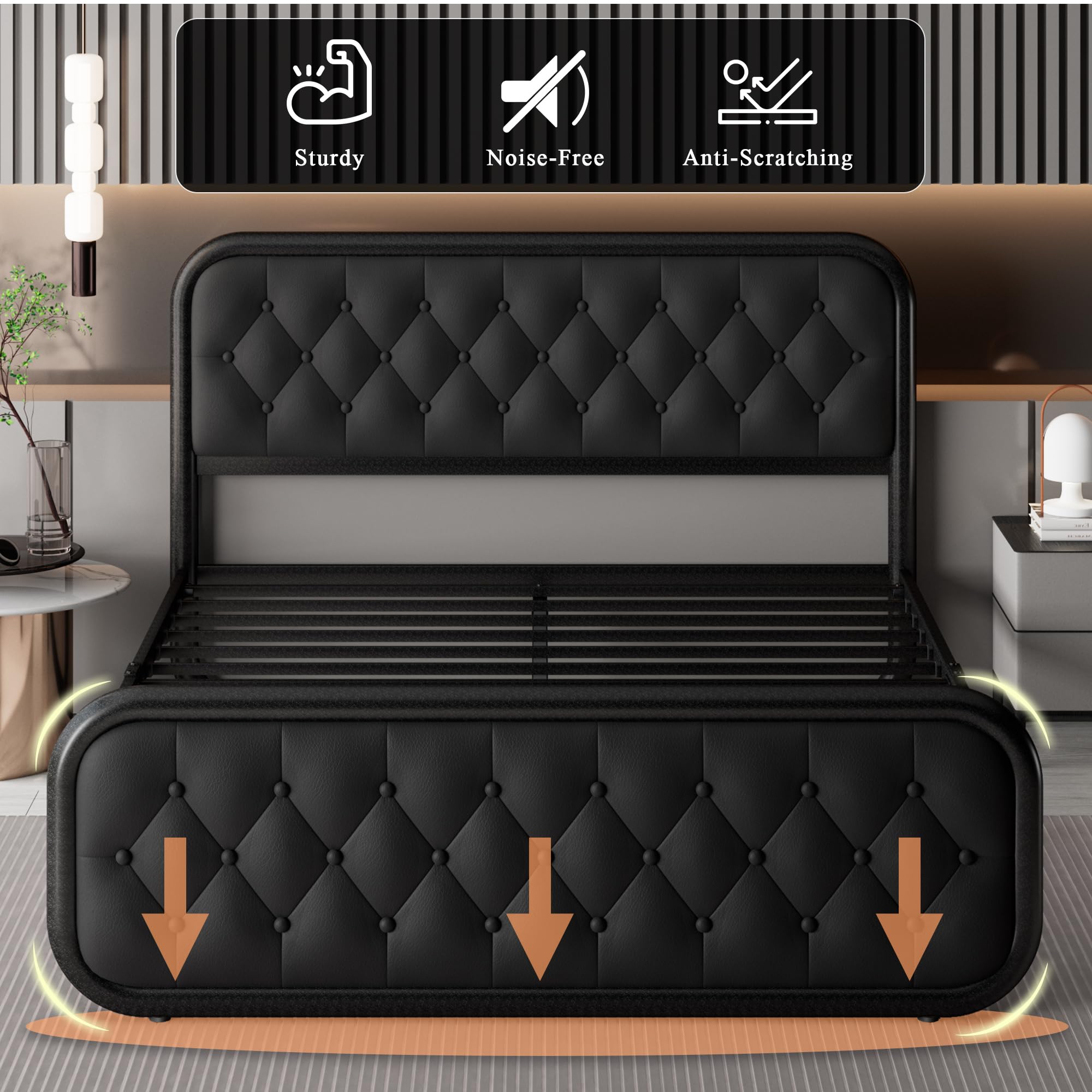 SUMELL Full Size Bed Frame - Heavy Duty Bed Frame, Stylish Faux Leather Headboard, Noise-Free and Easy Assembly for The Perfect Night's Sleep (Black)