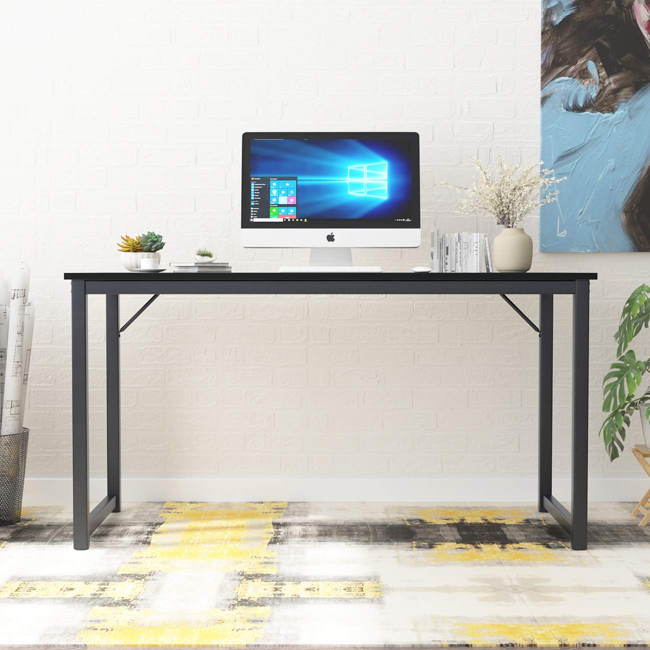 SogesPower 55 inches Modern Computer Desk PC Office Desk Study Desk Writing Table Multi-Purpose Workstation for Home Office Gaming Computer Desk, Black, SPGC-P2JJ-140BK