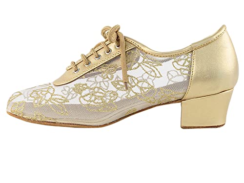 Very Fine Dancesport Shoes - Ladies' Practice, Salsa, Latin Ballroom Dance Shoes - Classic 2002-1.5-inch Heel & Canvas mesh Shoe Bag (Light Gold Leather & #79 Mesh, Size 7.5)